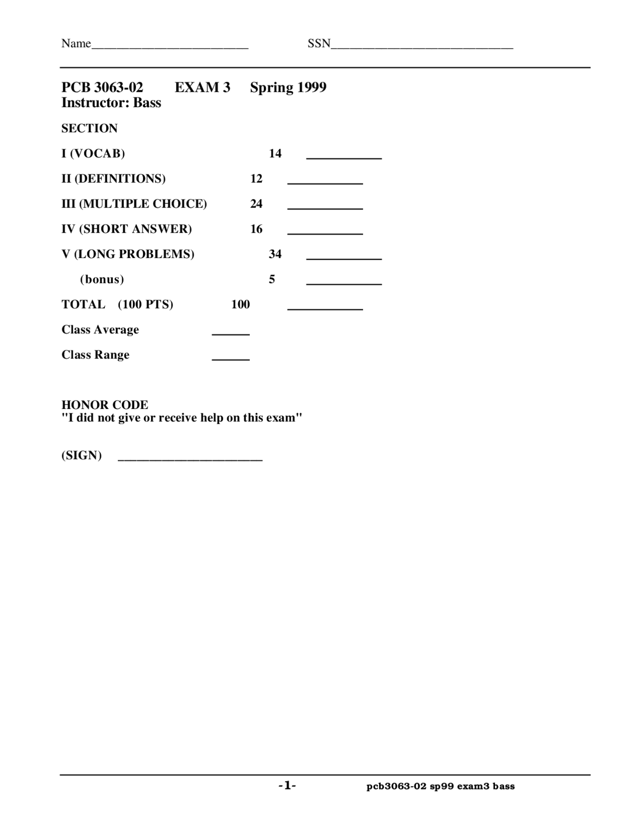 General Genetics Exam 3 Questions Fall 1999 Pcb 3063 Docsity