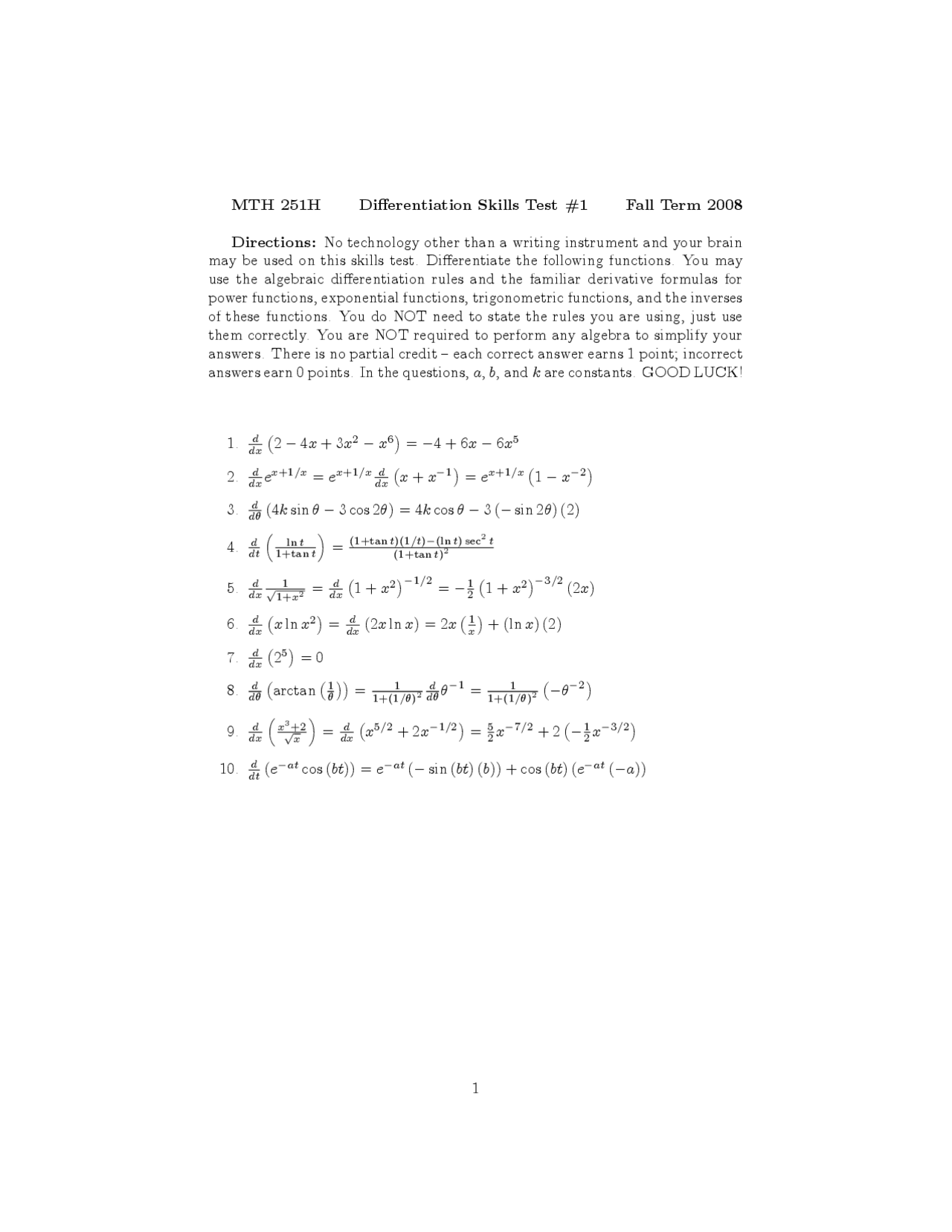 Differentiation Skills Exam 1 - Differentiation Calculus | MTH 251 ...