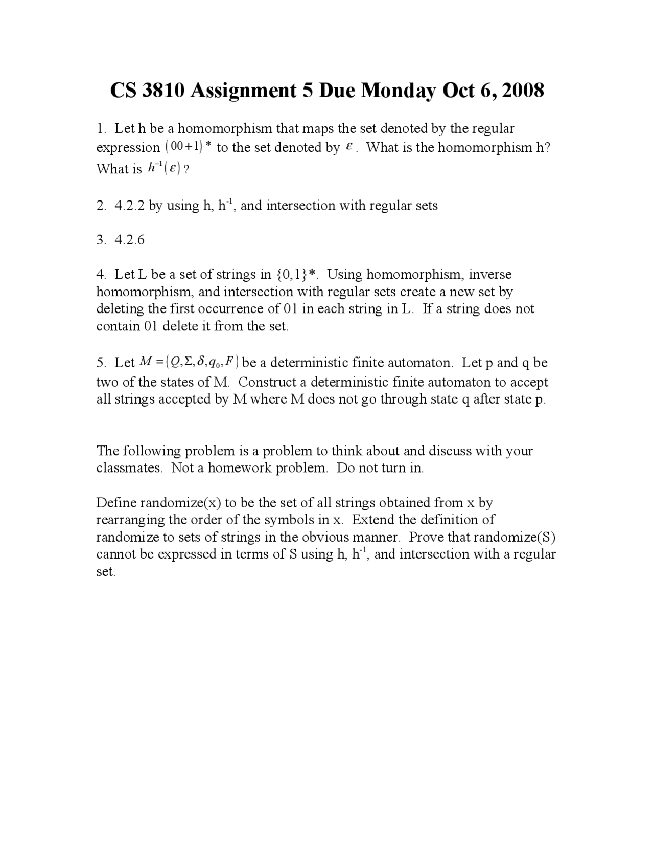Assignment 5 Introduction To Theory Of Computing 5 Problems Cs 3810 Docsity 