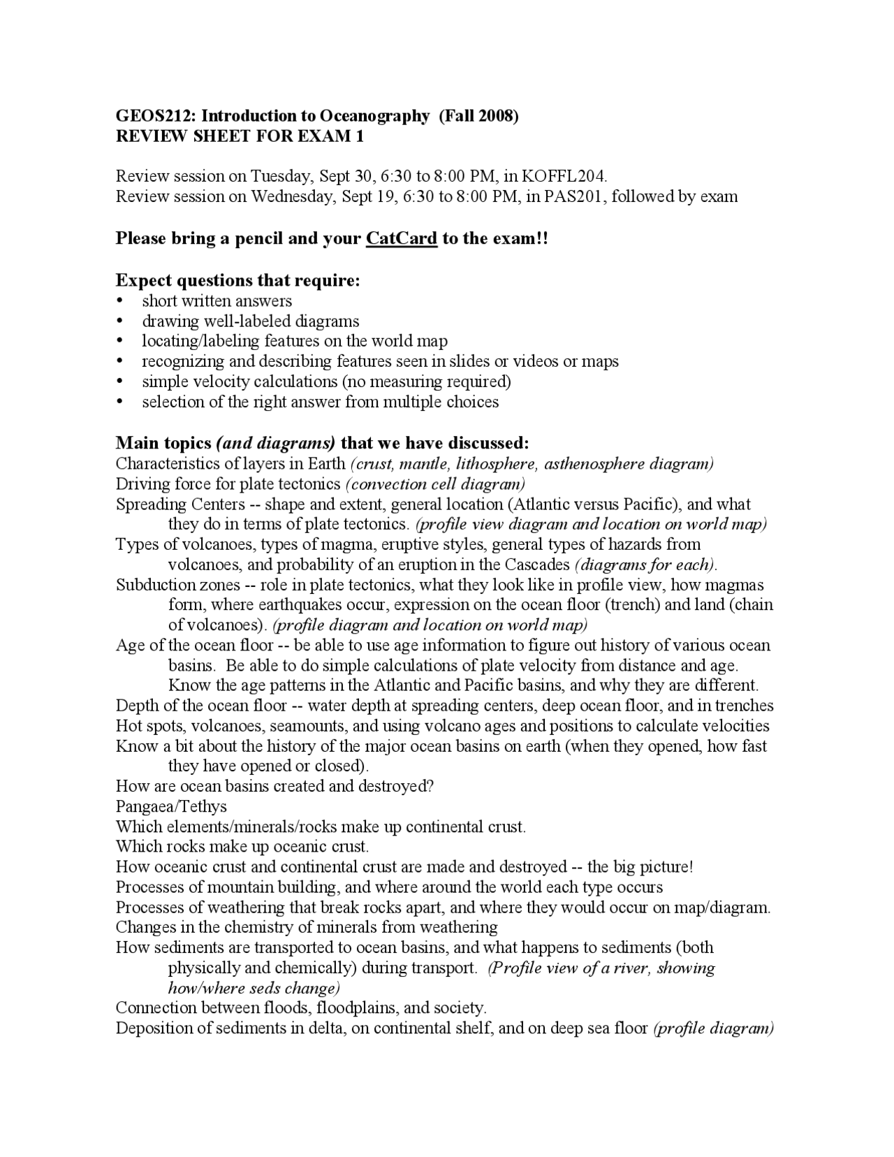 Review Sheet For Exam 1 Introduction To Oceanography Fall 2008