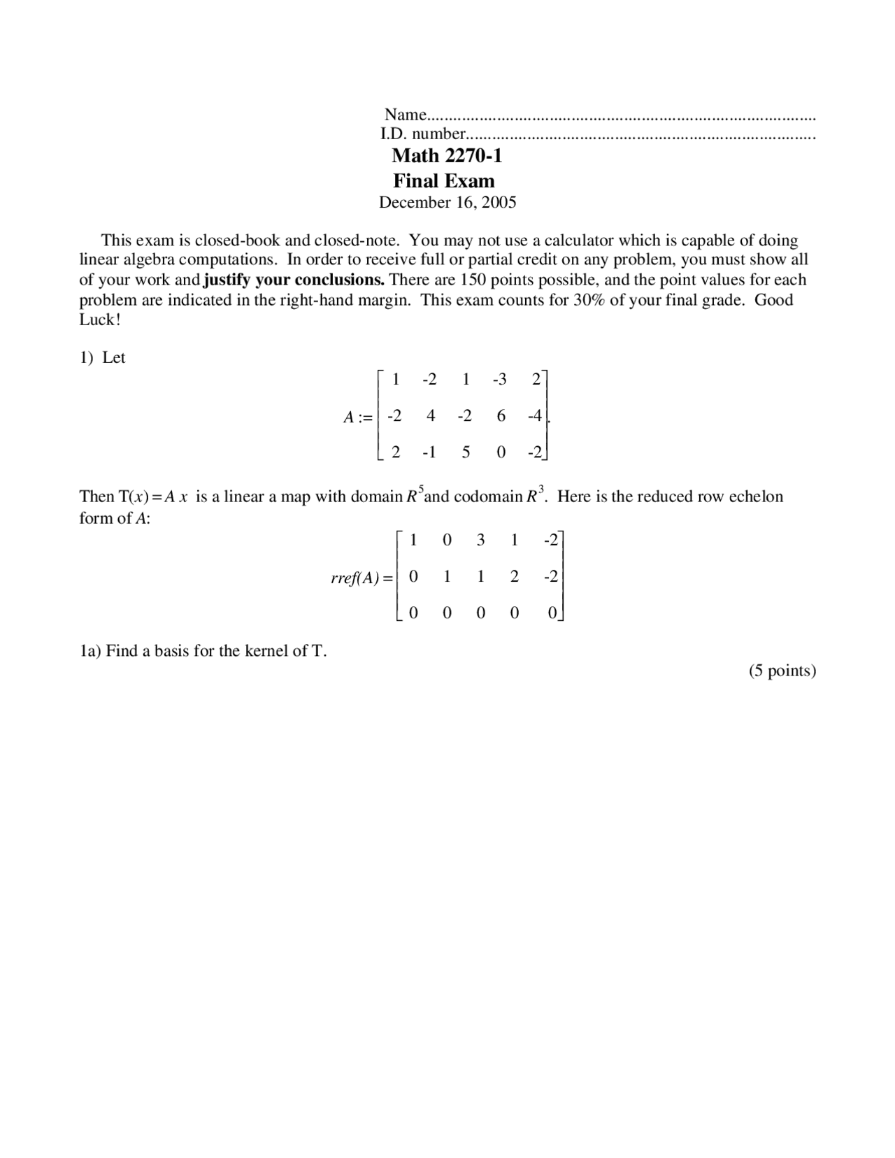 8 Problems To Find The Basis Of Domain Final Exam Math 2270 Docsity