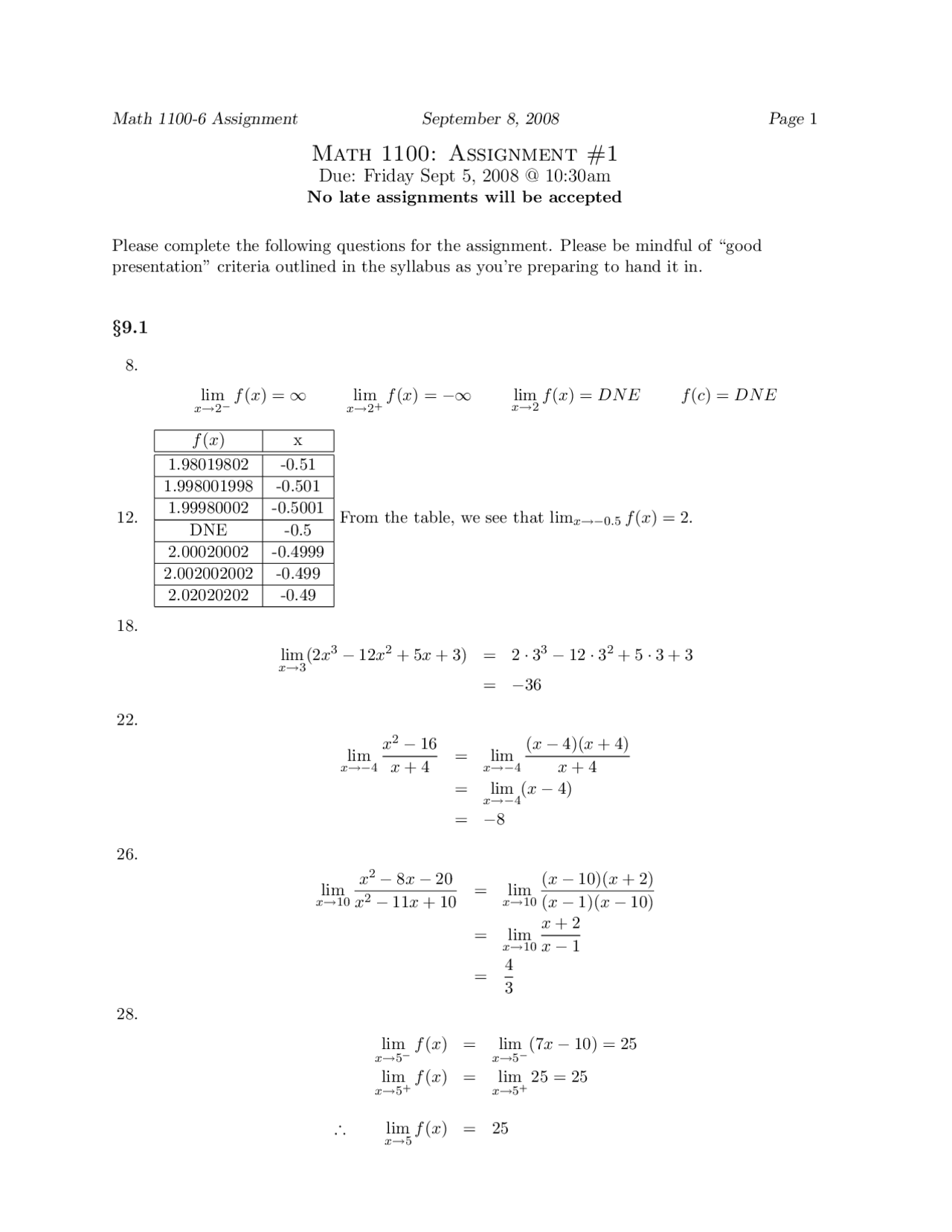 Assignment 1 Quantitative Analysis Fall 2008 Math 1100 Docsity