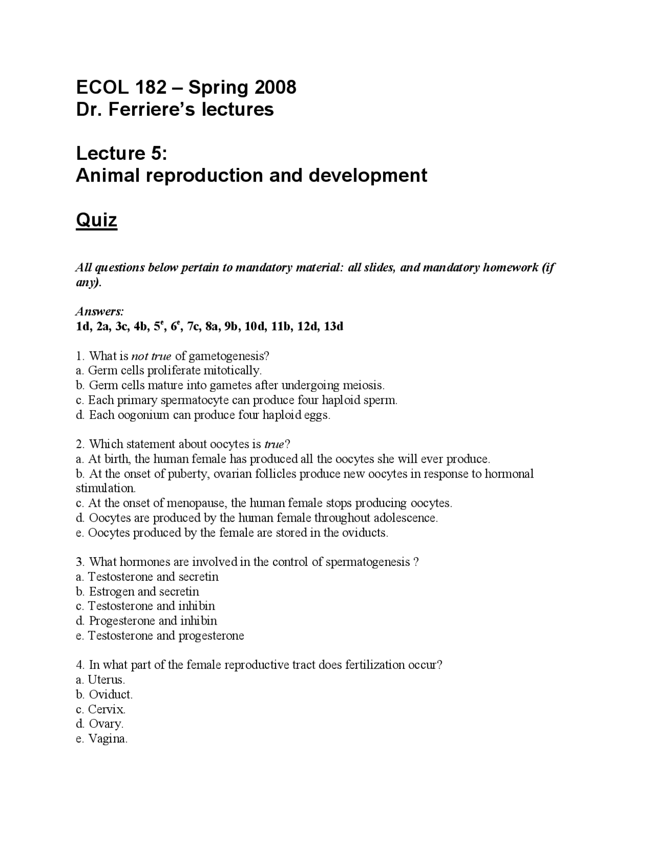 Animal Reproduction and Development - Lecture Notes | ECOL 182R - Docsity