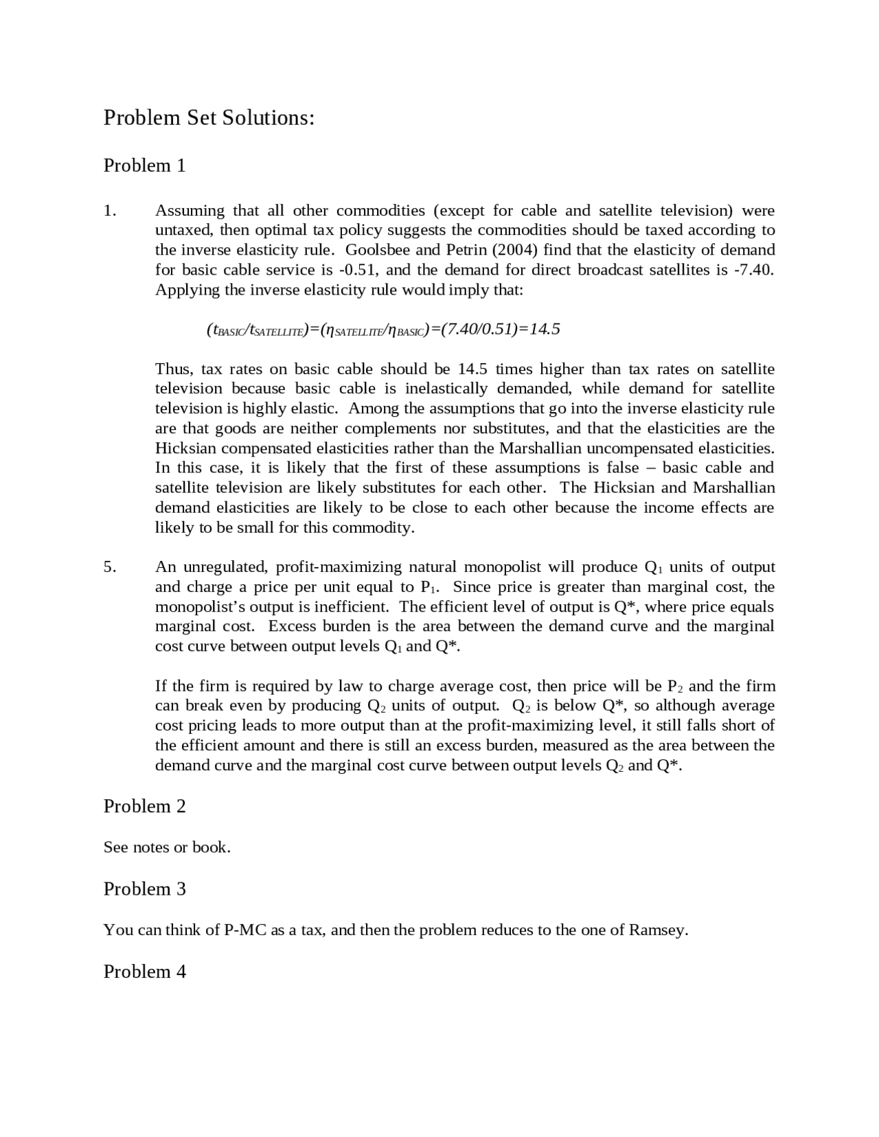 Problem Set Solutions Public Sector Economics Econ 435 Docsity