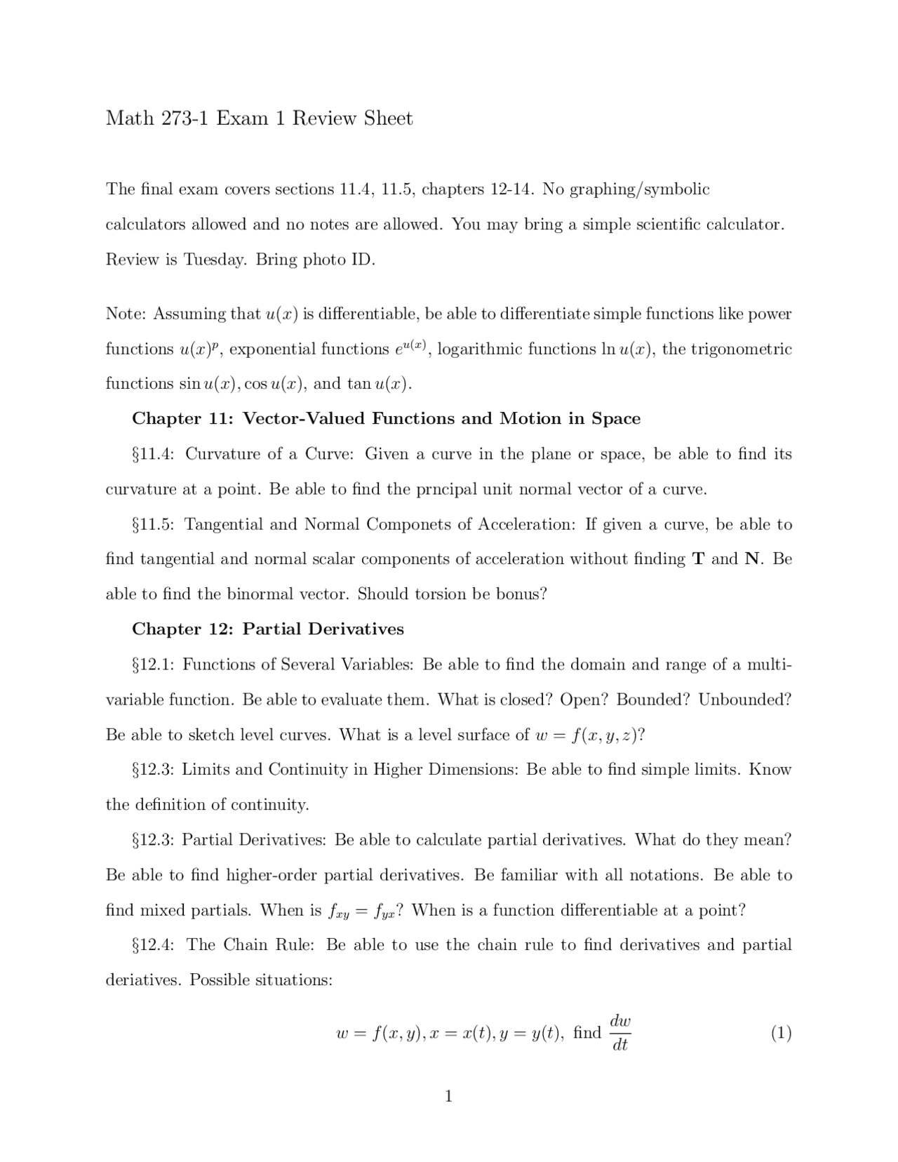 Exam 1 Review Sheet For Calculus Iii Math 273 Docsity