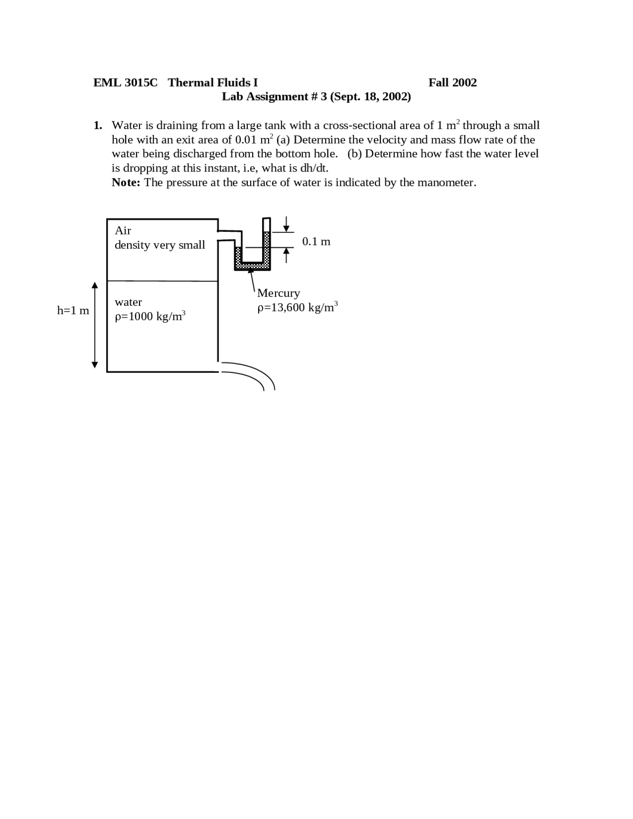 Lab Assignment 3 For Thermal Fluids Fall 2002 Eml 3015c Docsity