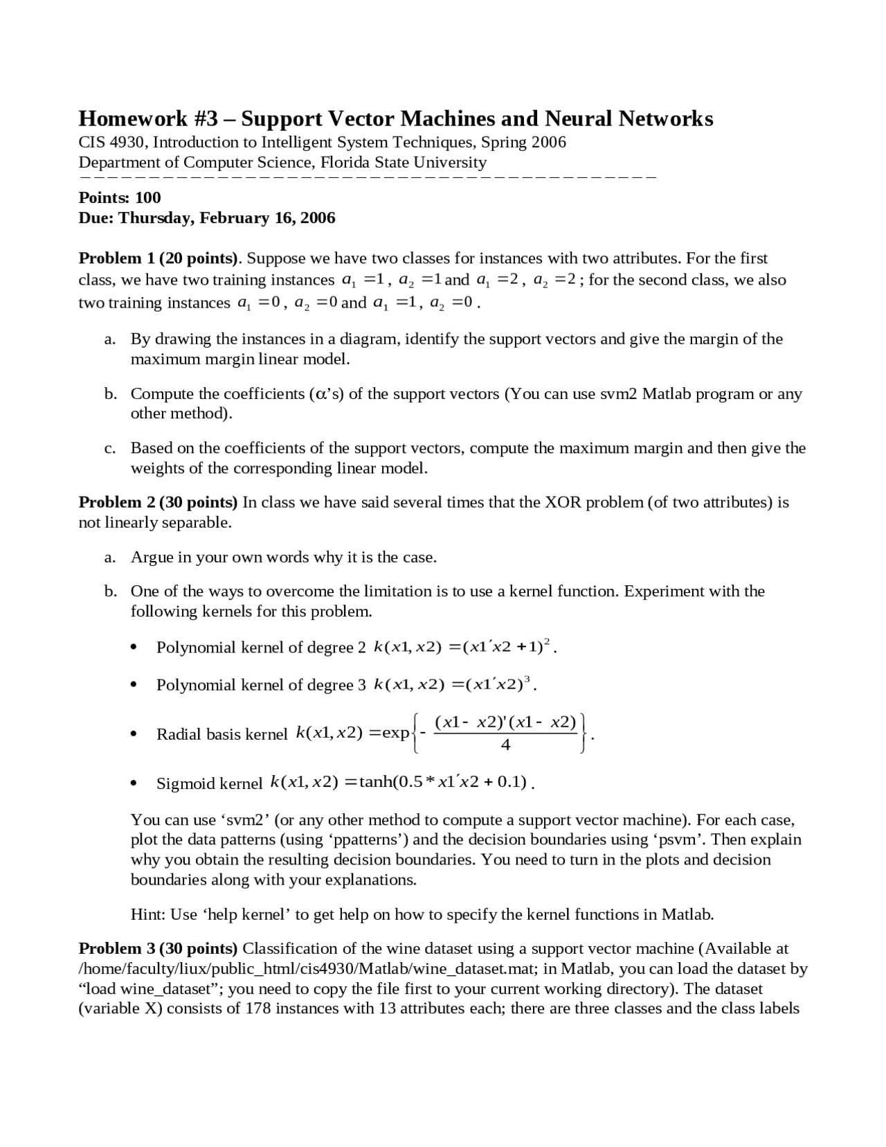 Support Vector Machines and Neural Networks - Homework 3 | CIS 4930 - Docsity