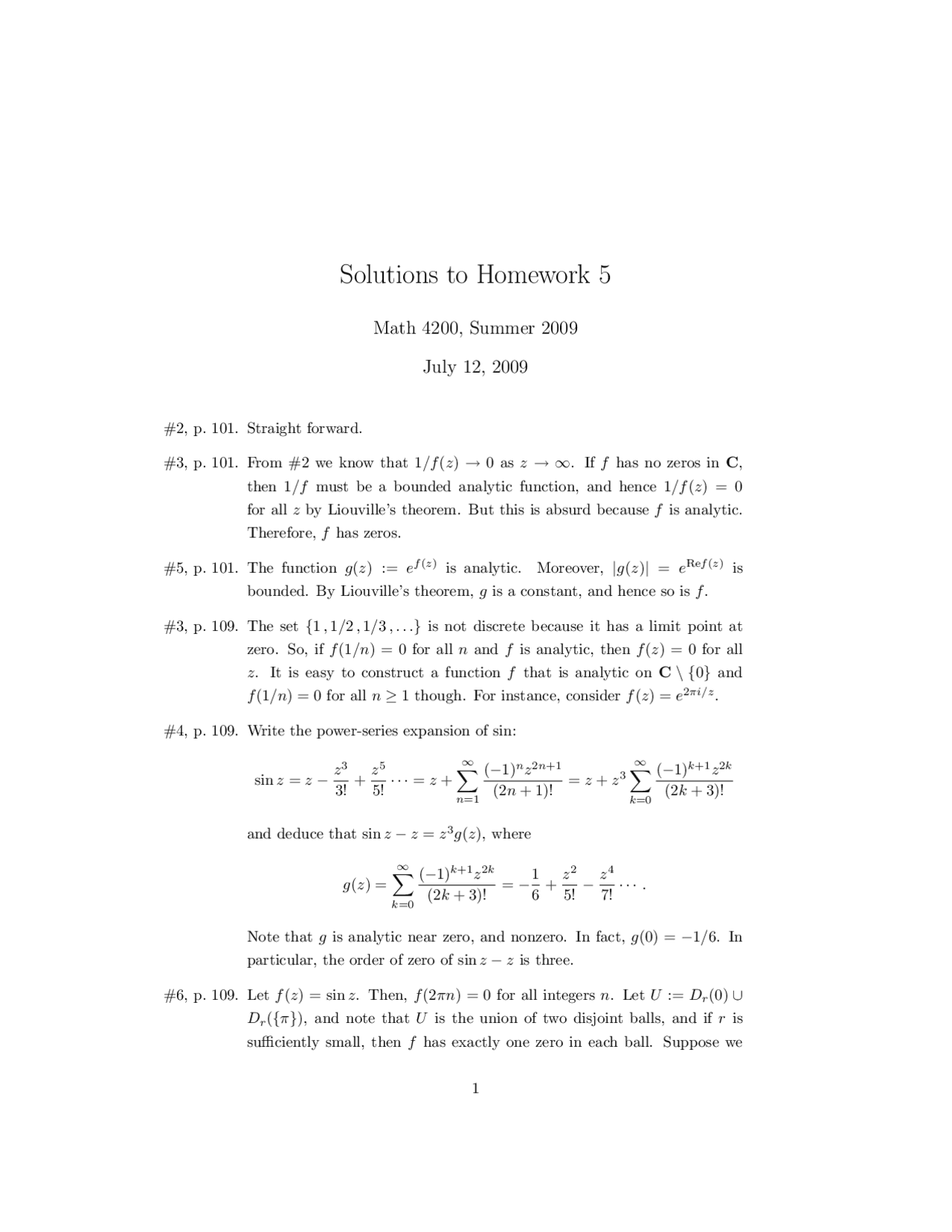 Solution To Homework 5 Introduction To Complex Variables Math 4200 Docsity