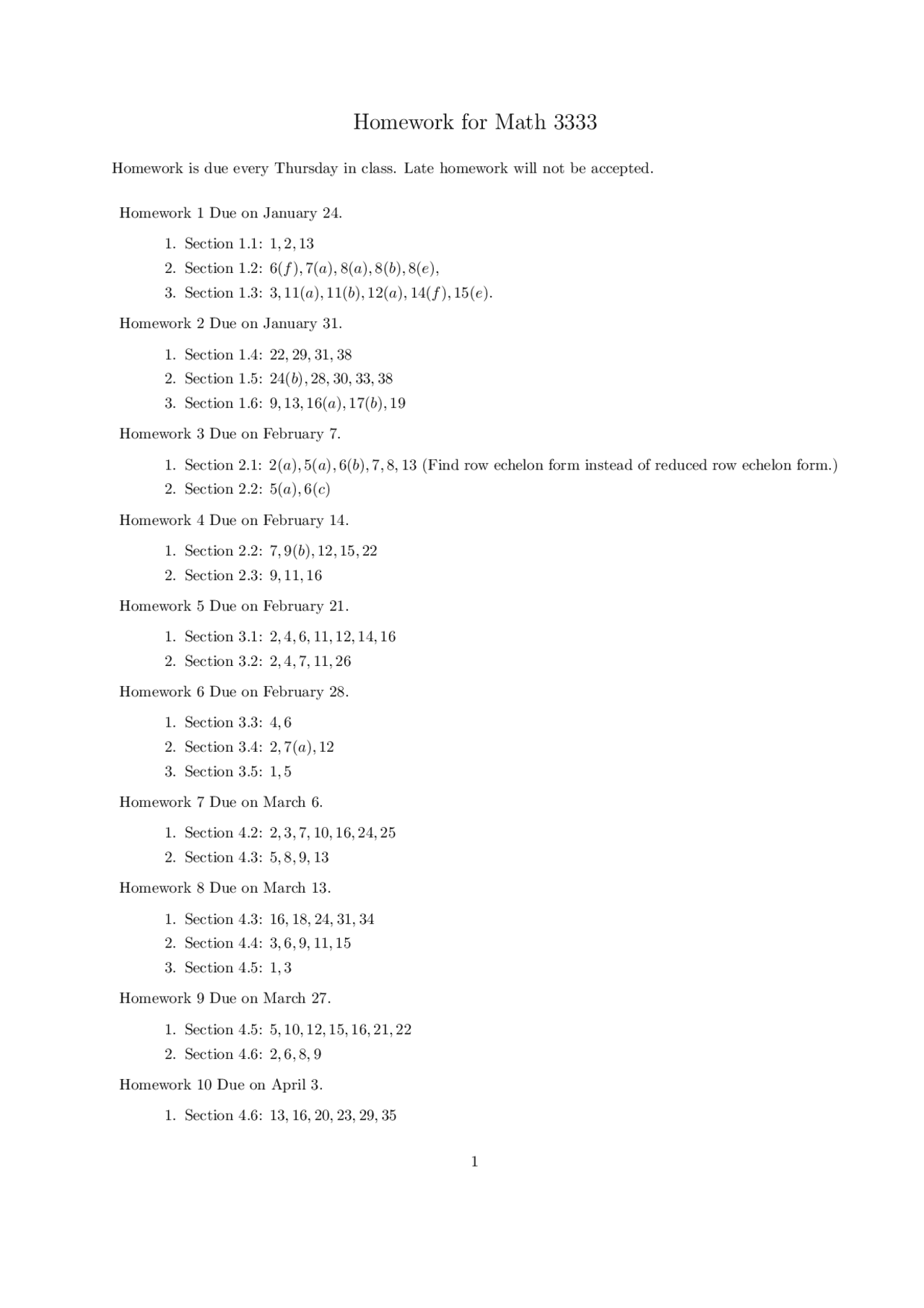 Questions on Linear Algebra I - Practice Assignment 1 | MATH 3333 - Docsity
