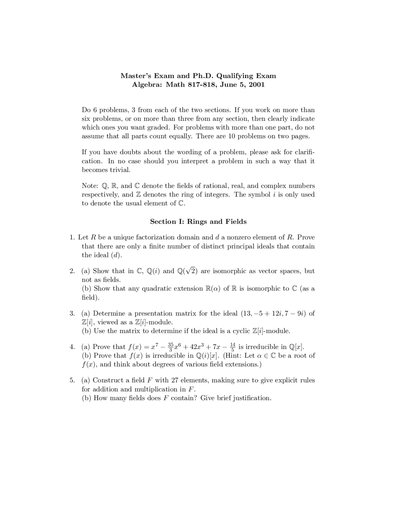 10 Problems For Practice Exam Introduction To Modern Algebra I Math