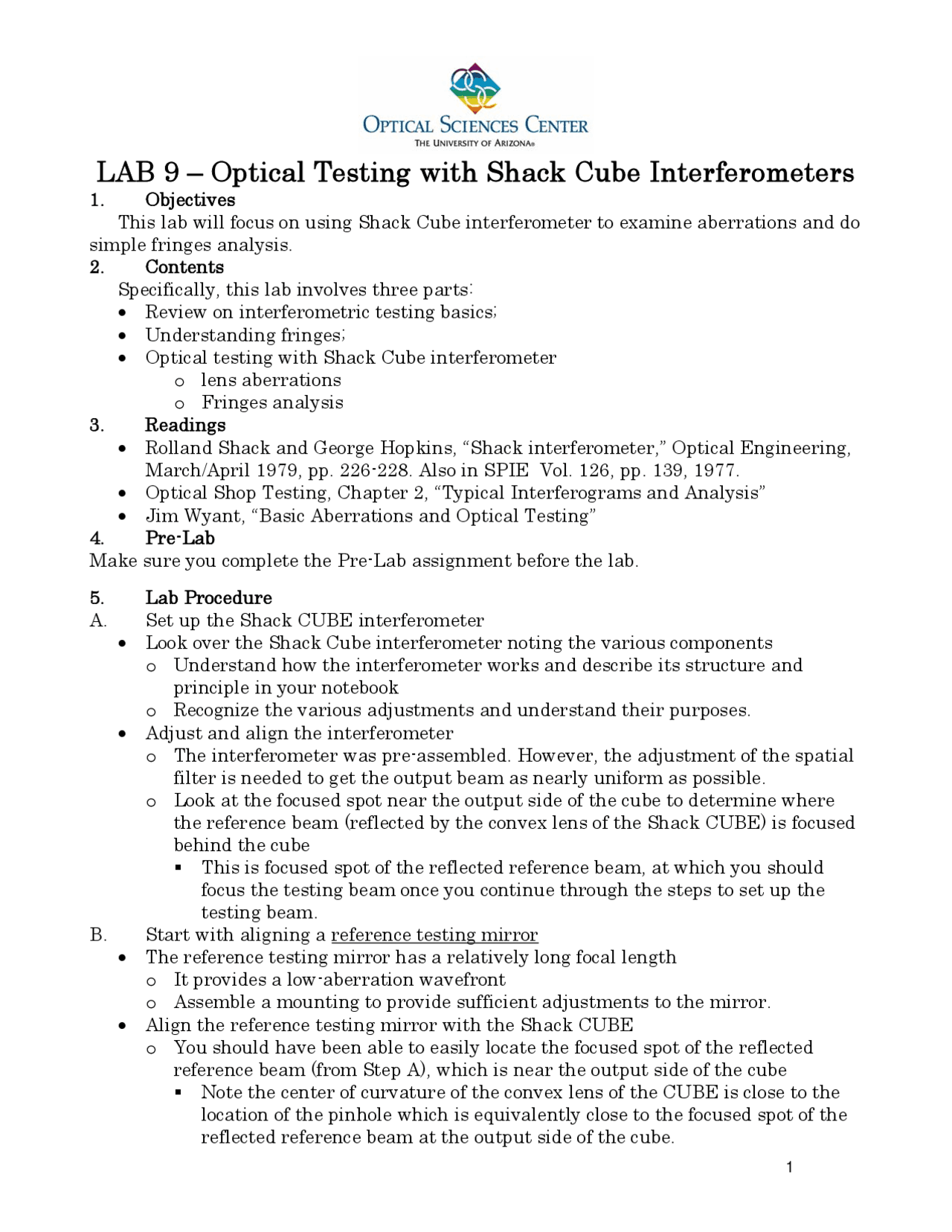 Lab 9 Optical Testing With Shack Cube Interferometers Opti 471a