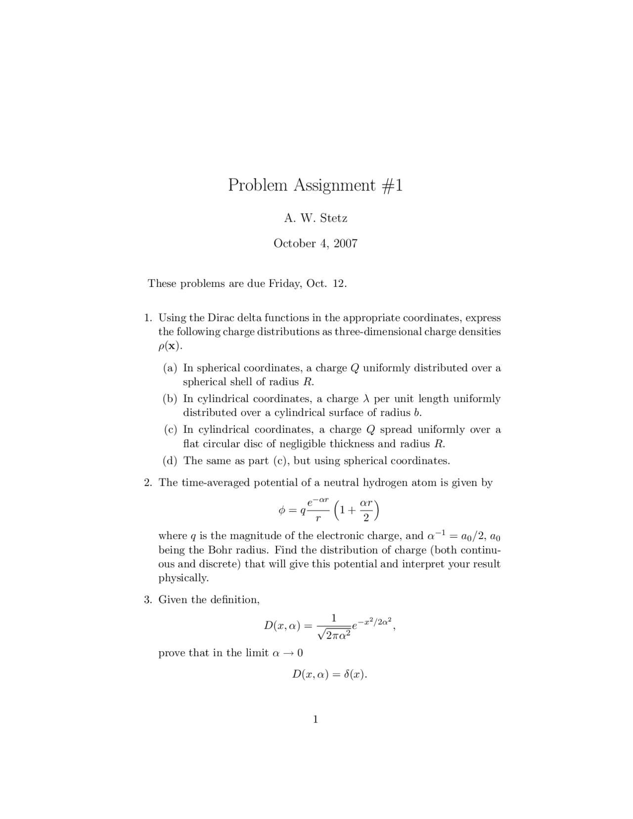 Electromagnetic Theory Problem Assignment 1 Ph 631 Docsity
