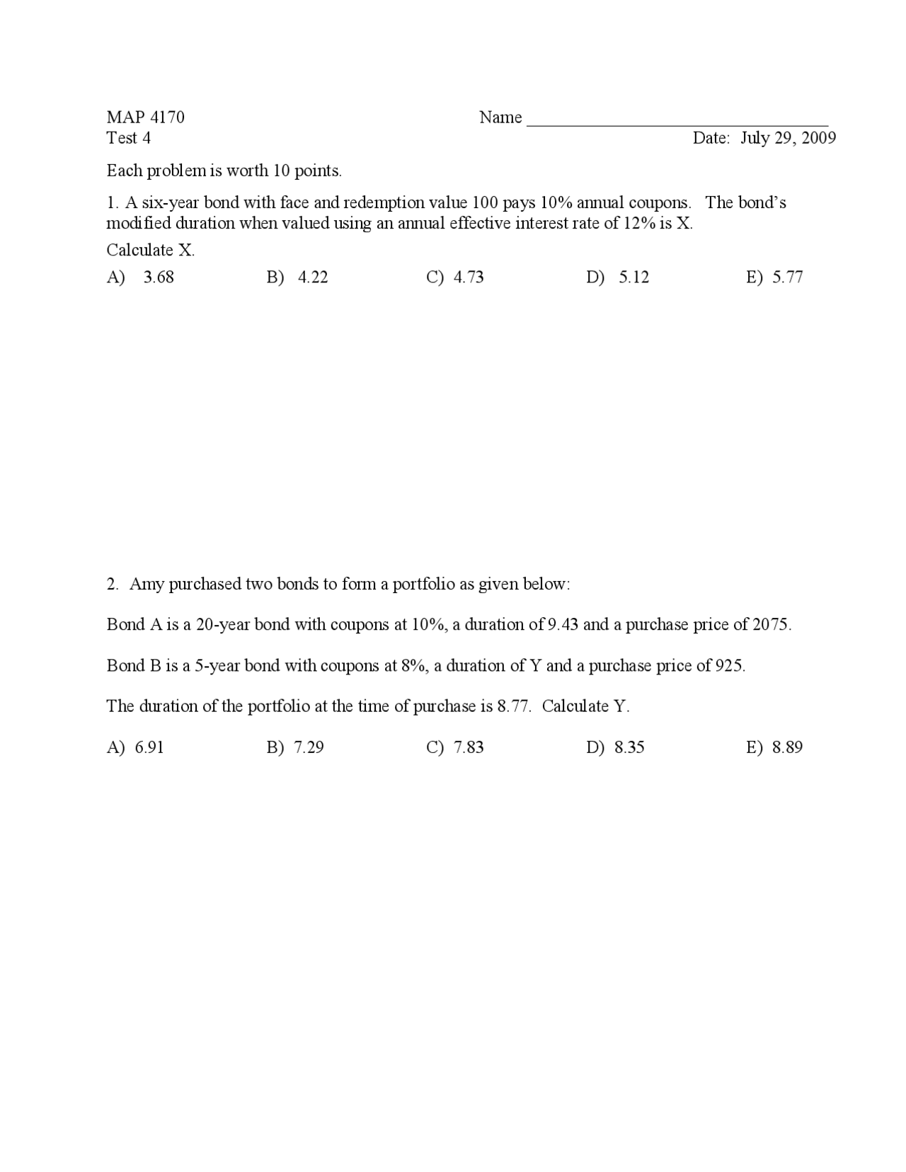 10 Questions For Exam 4 Introduction To Actuarial Mathematics Map