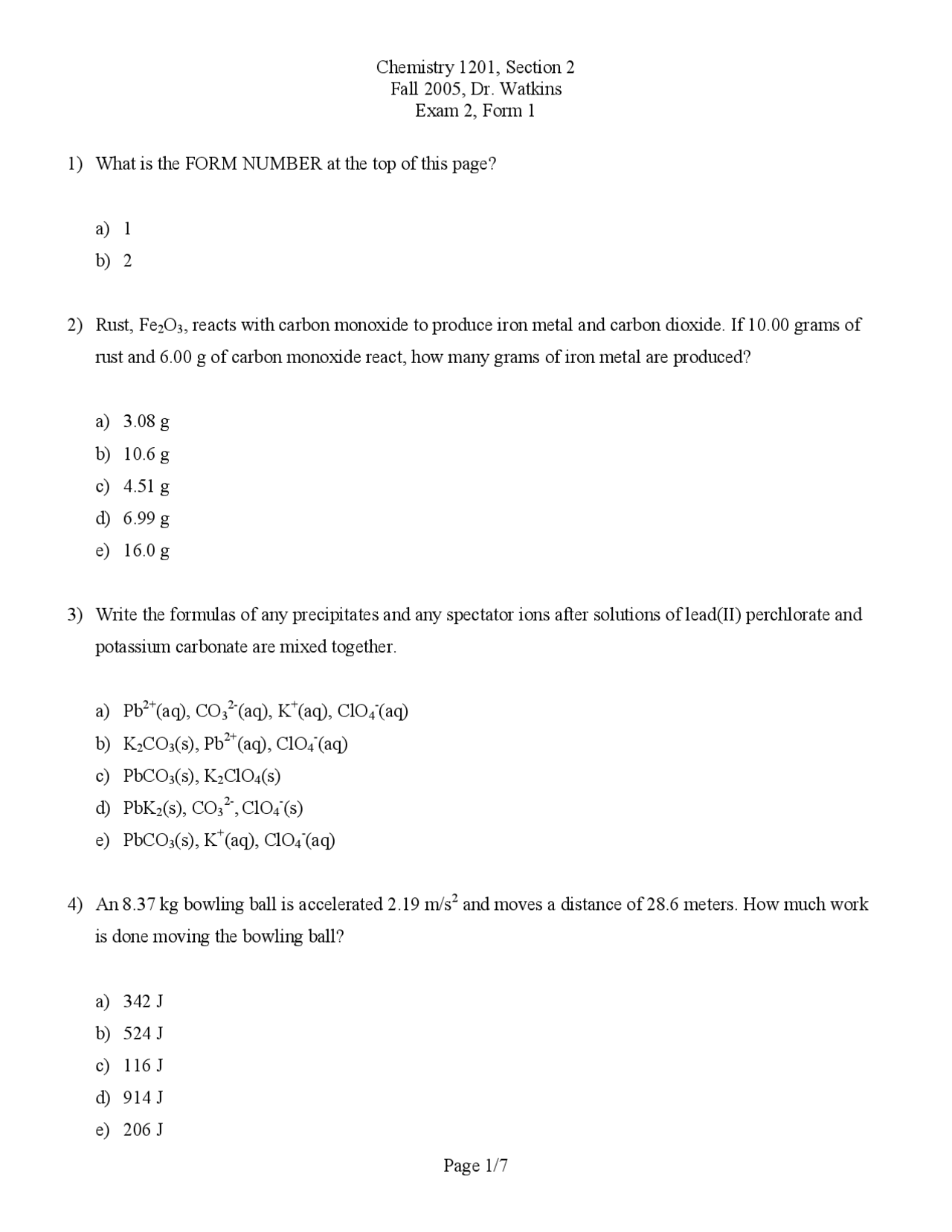 Exam 2 Form 1 With Solution Key General Chemistry I Chem 1201 Docsity