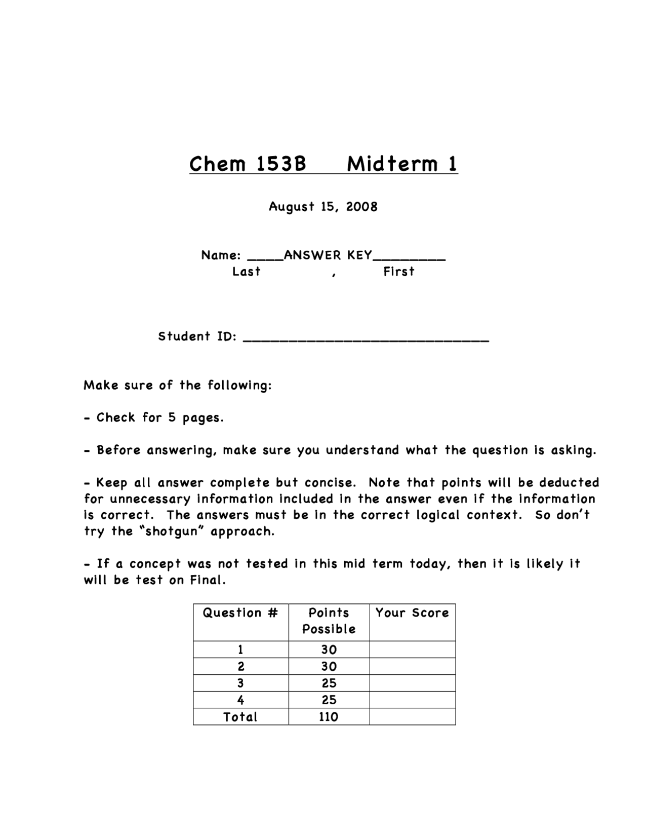 Midterm Exam Dna Rna And Protein Synthesis Biochemistry Chem