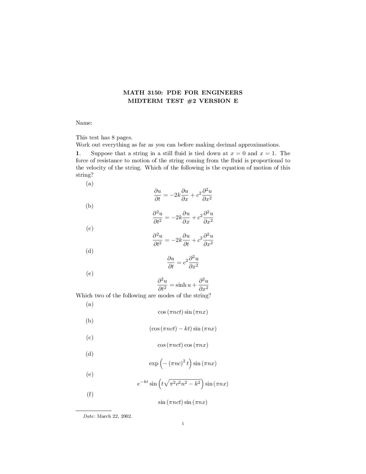 Midterm Test 2e Partial Differential Equations For Engineering Math