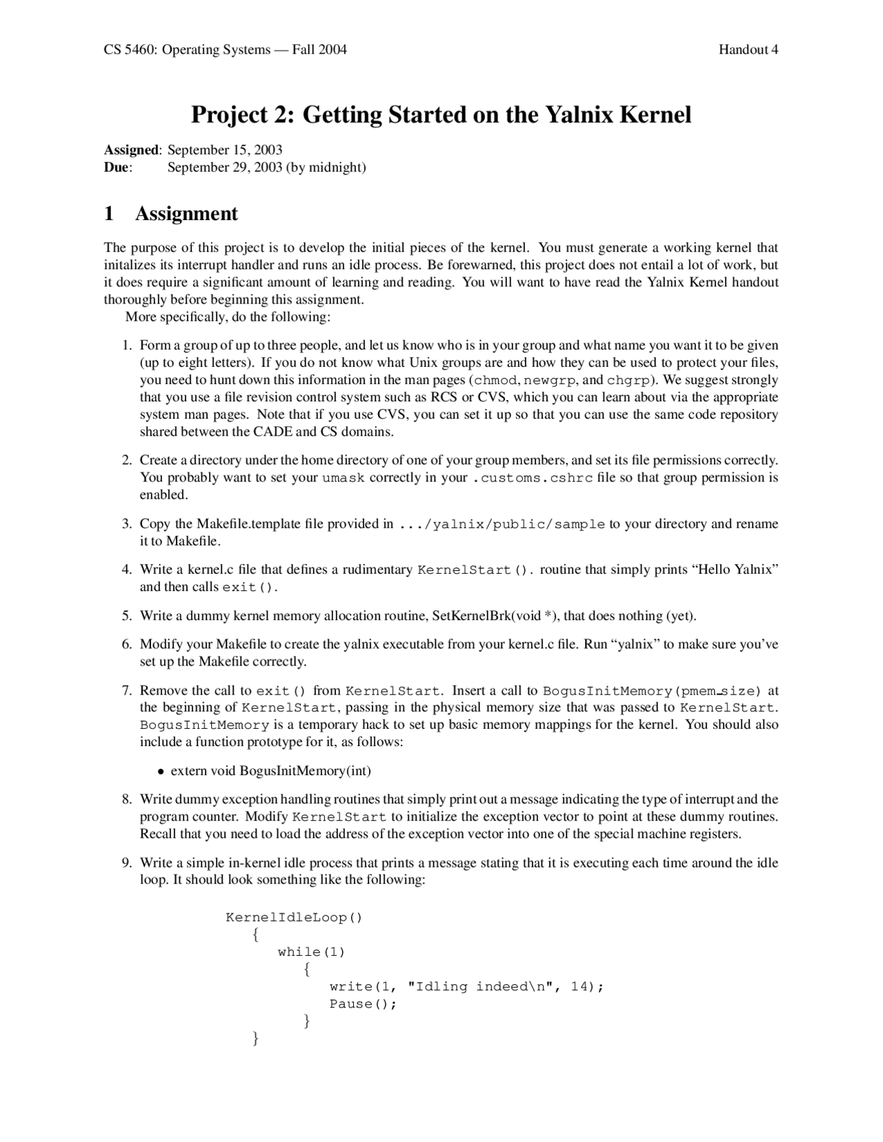 Project 2: Getting Started on the Yalnix Kernel | CS 5460 | Study Guides, Projects, Research ...