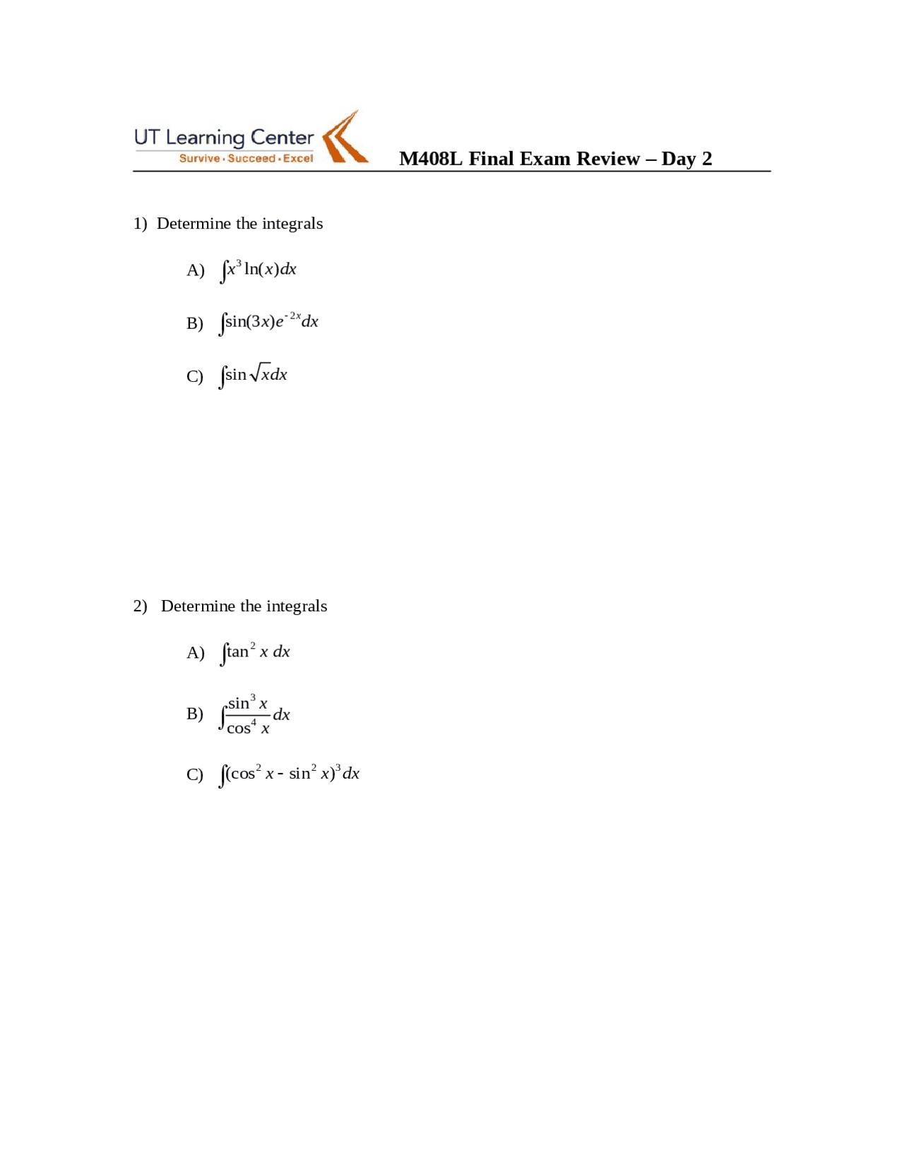 Find Indefinite And Double Integral Calculus Final Exam M 408l
