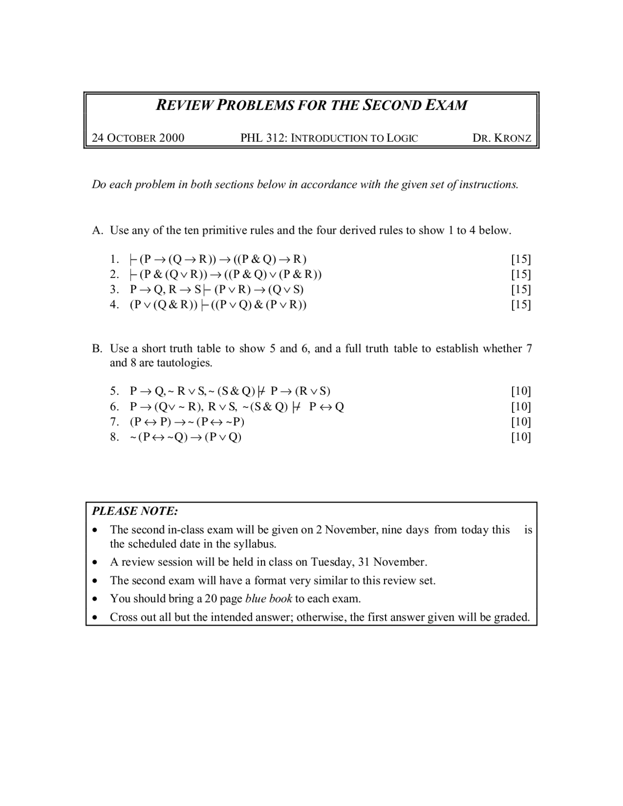 Review Problems For Exam 2 Introduction To Logic Phl 312 Docsity