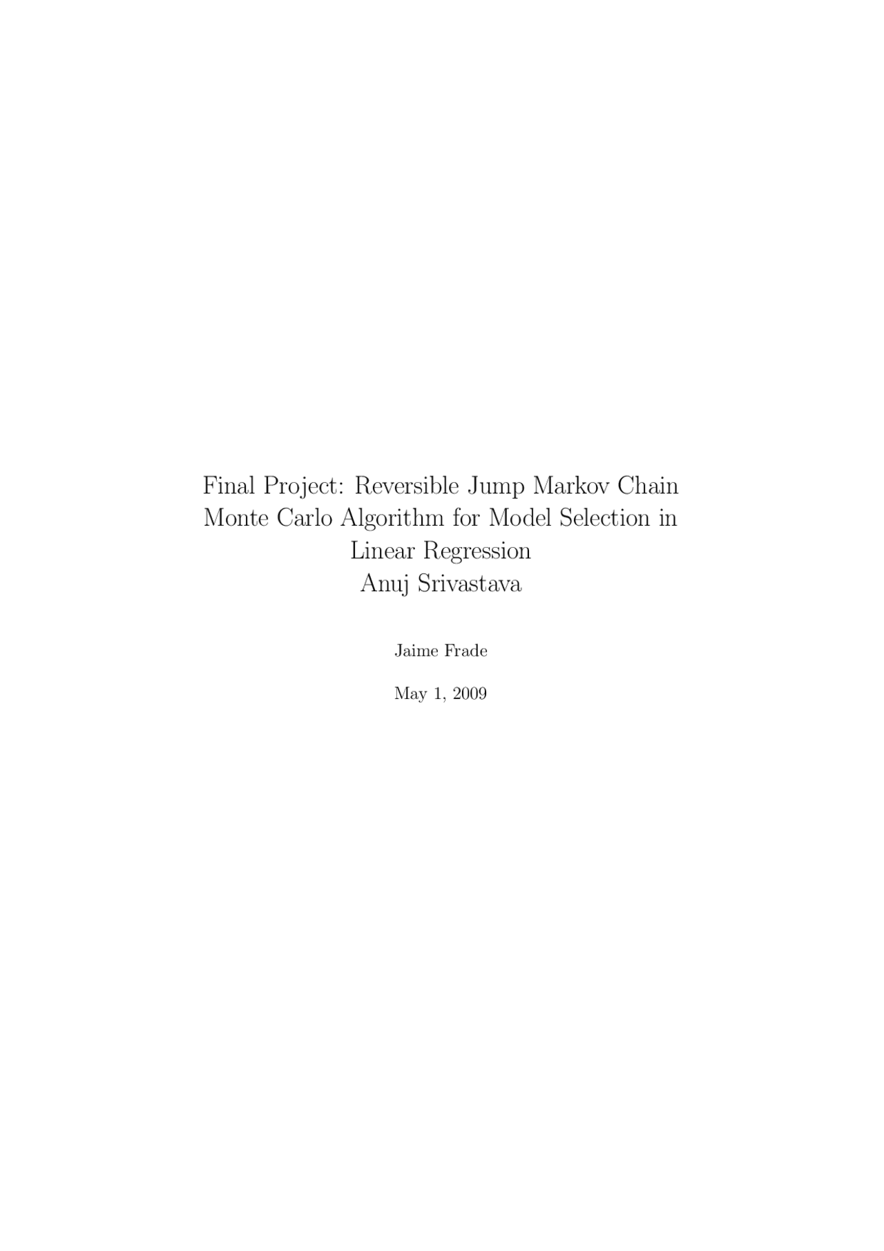 Final Project Reversible Jump Markov Chain Monte Carlo Algorithm For Model Selection In Linear