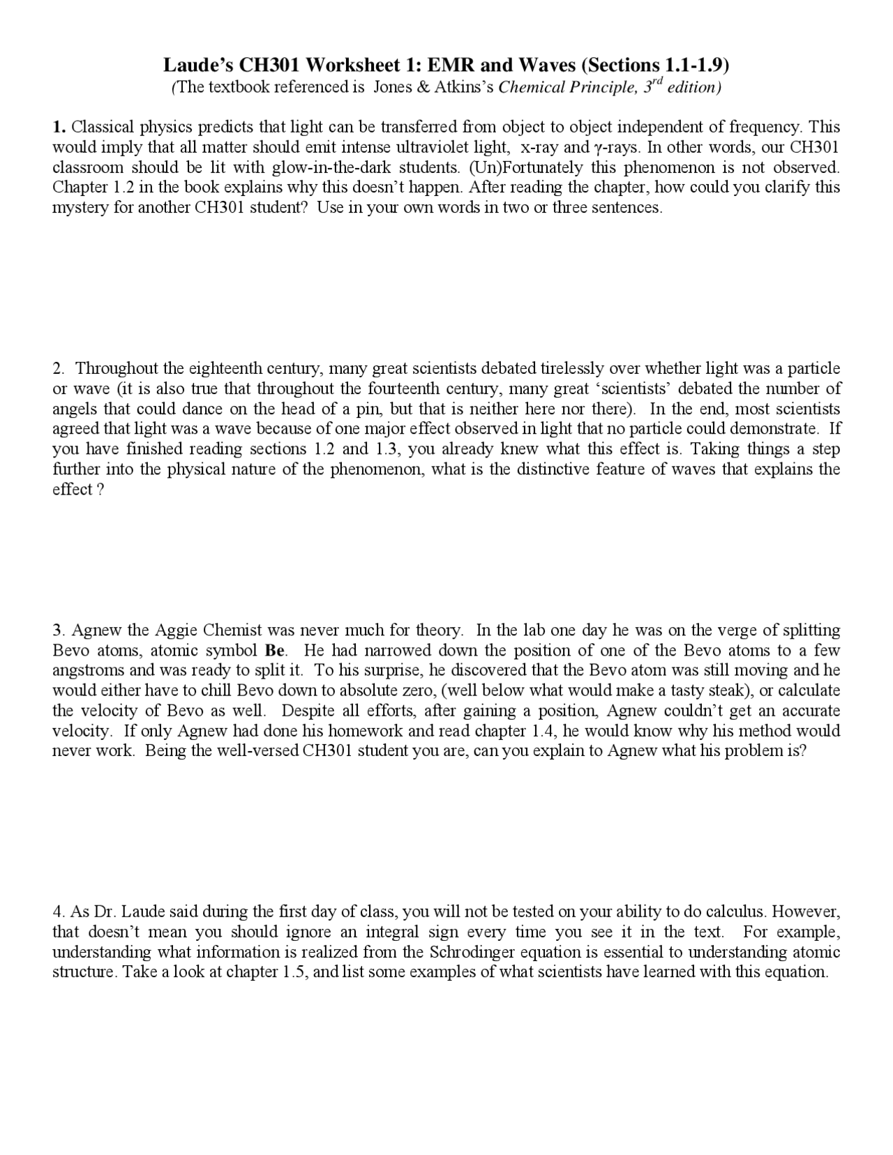 Laude's CH301 Worksheet 1: Understanding EMR and Waves - Prof. David A ...