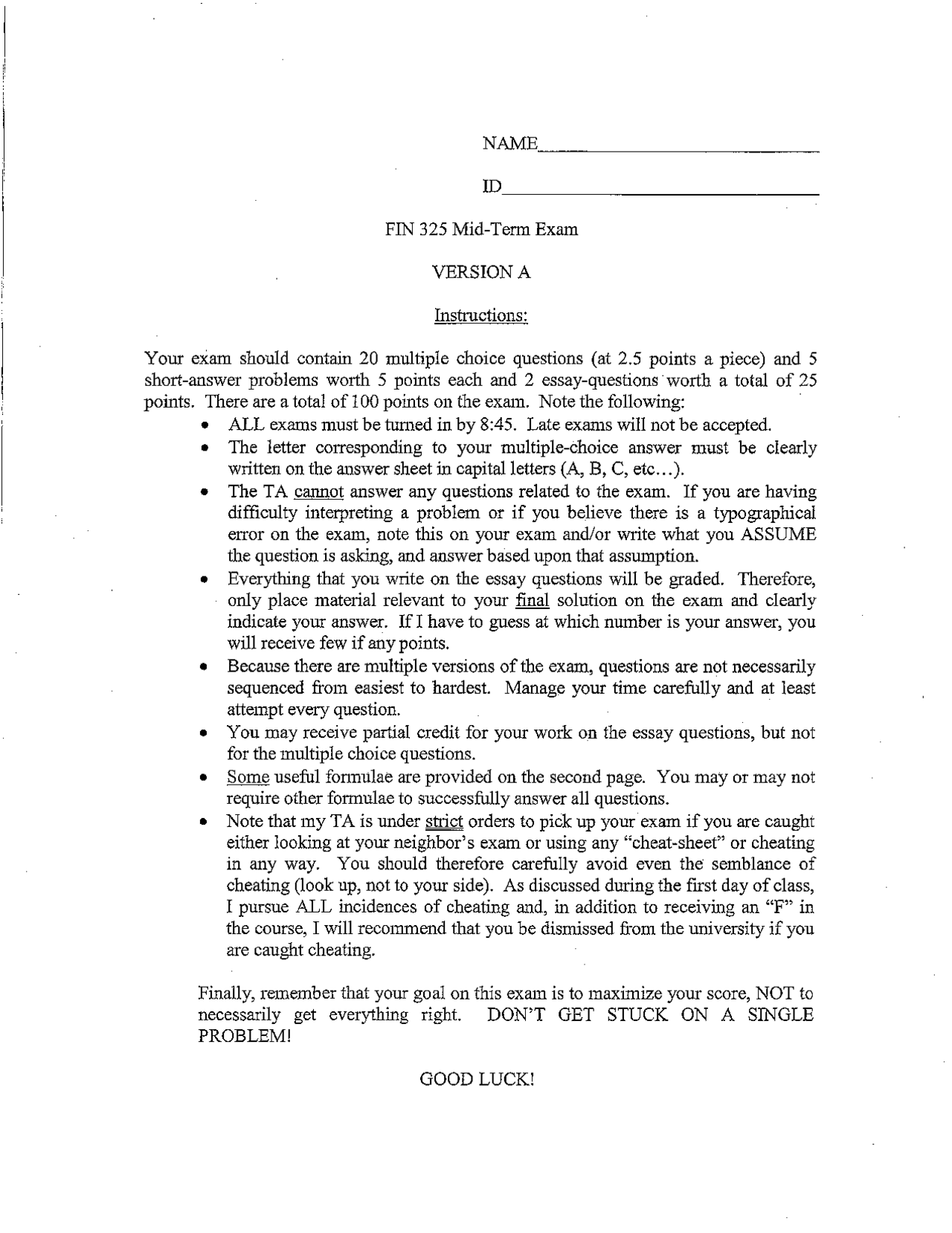 Midterm Exam Introduction To Financial Management Fin 325 Docsity