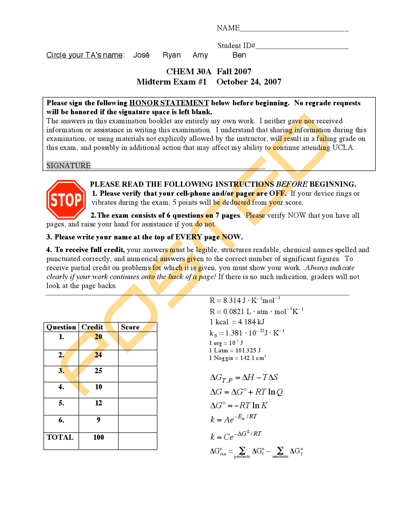 Midterm Exam 1 Organic Chemistry I Structure And Reactivity Chem