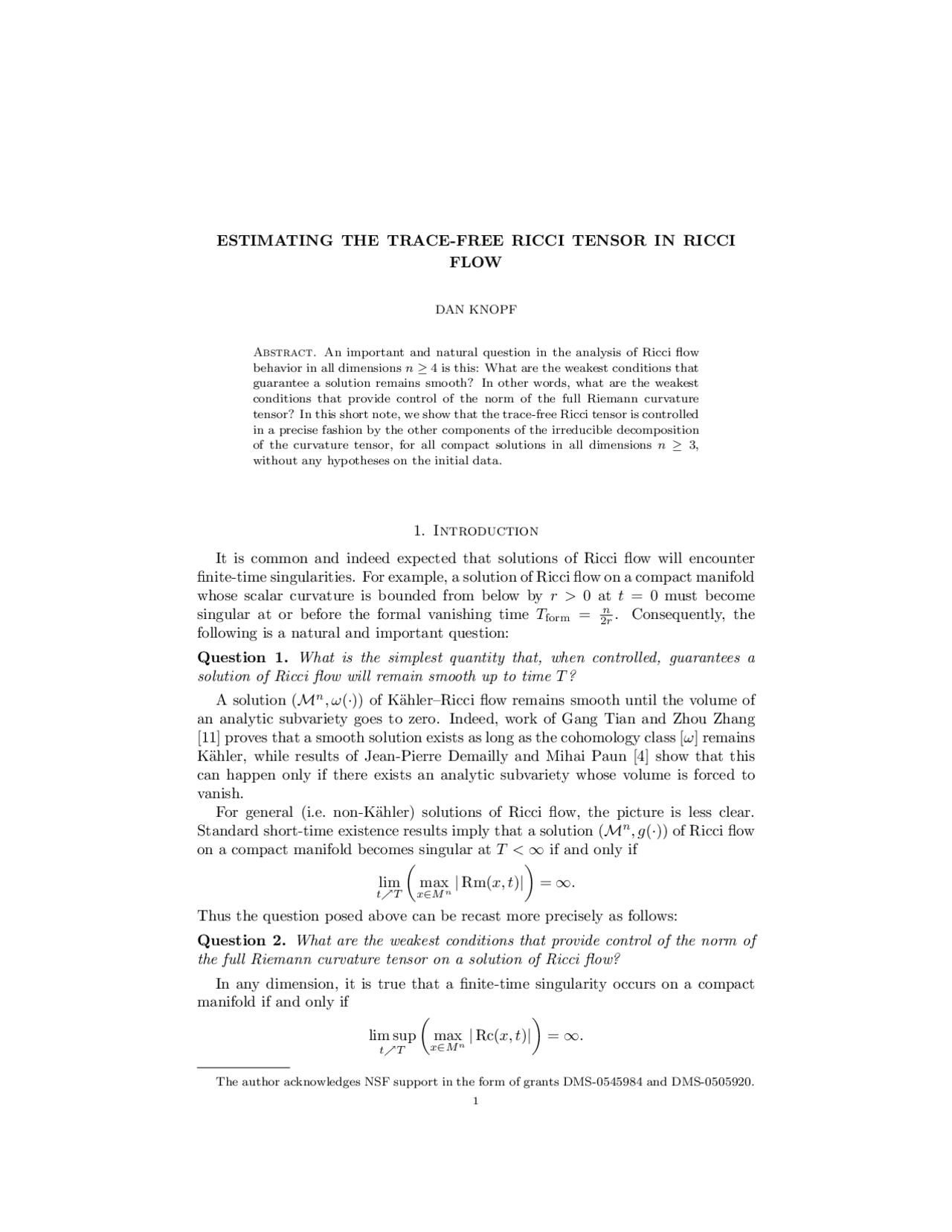 Estimating the Trace-Free Ricci Tensor in Ricci Flow | N 1 - Docsity