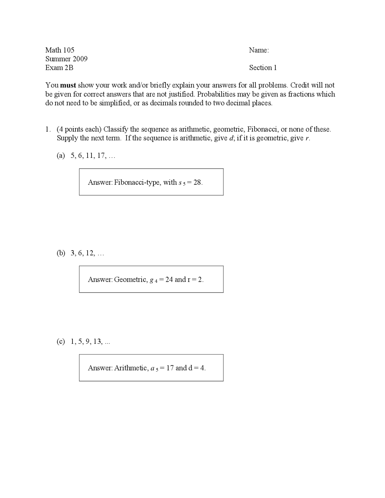 Exam 2b With Answer Key For Exploring Mathematics Math 105 Docsity