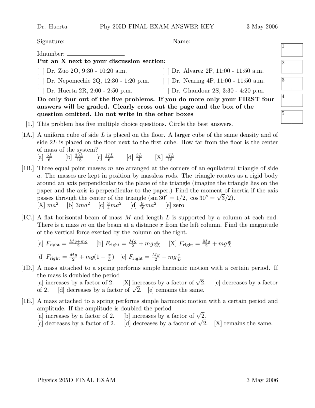 Final Exam With Answers University Physics I Phy 205 Exams