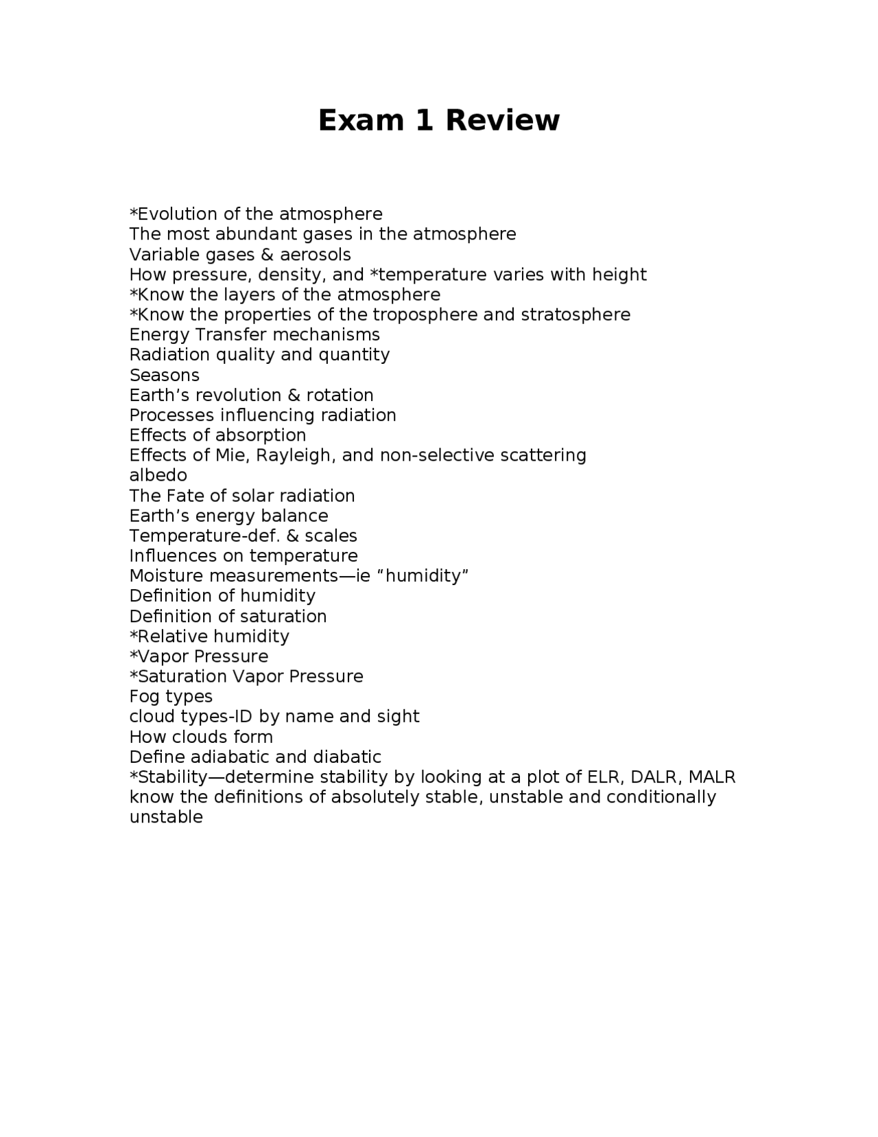 Introduction To The Atmosphere Exam 1 Review Sheet Met 1010 Docsity