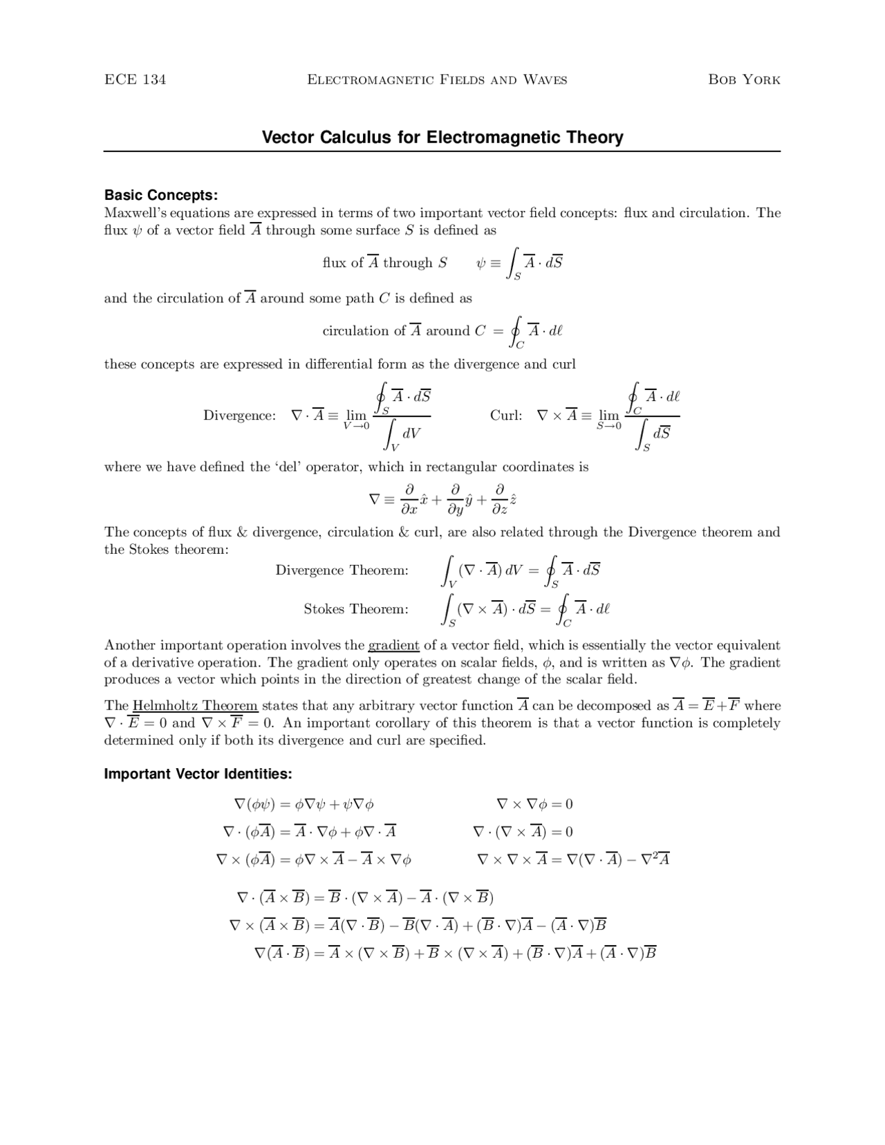 Vector Calculus for the Electromagnetic Theory and Waves | ECE 134 ...