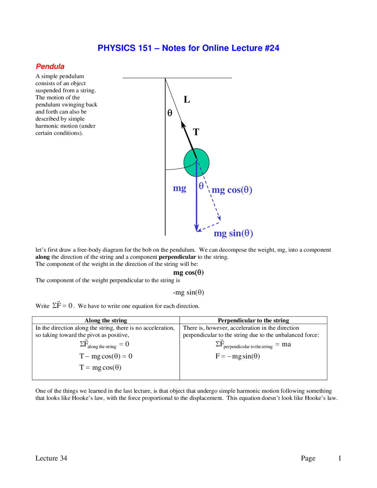 Notes on Simple Pendula - Elements of Physics | PHYS 151 - Docsity