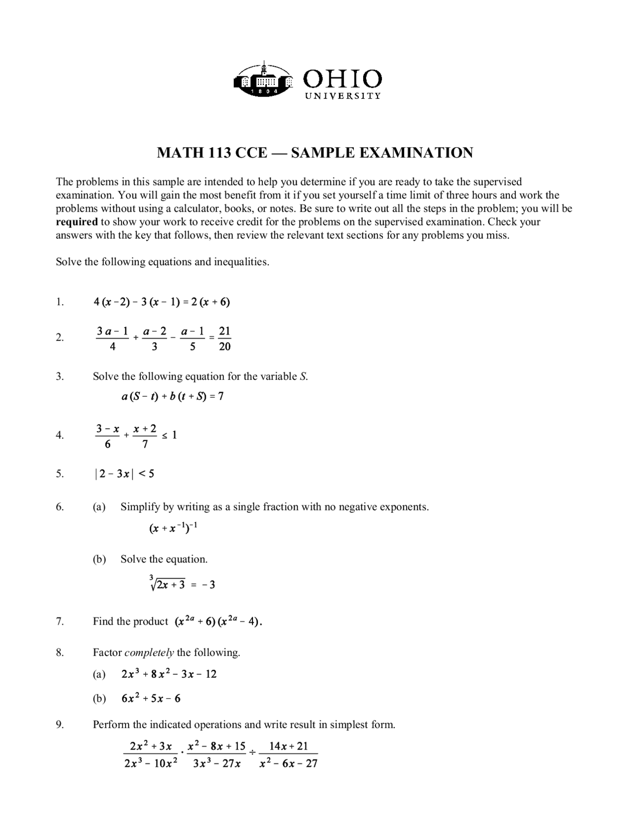 23 Problems On College Algebra Math 113 Docsity