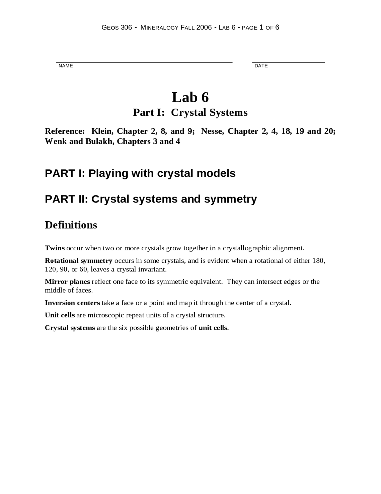 Lab I Crystal Systems Mineralogy Geos 306 Docsity