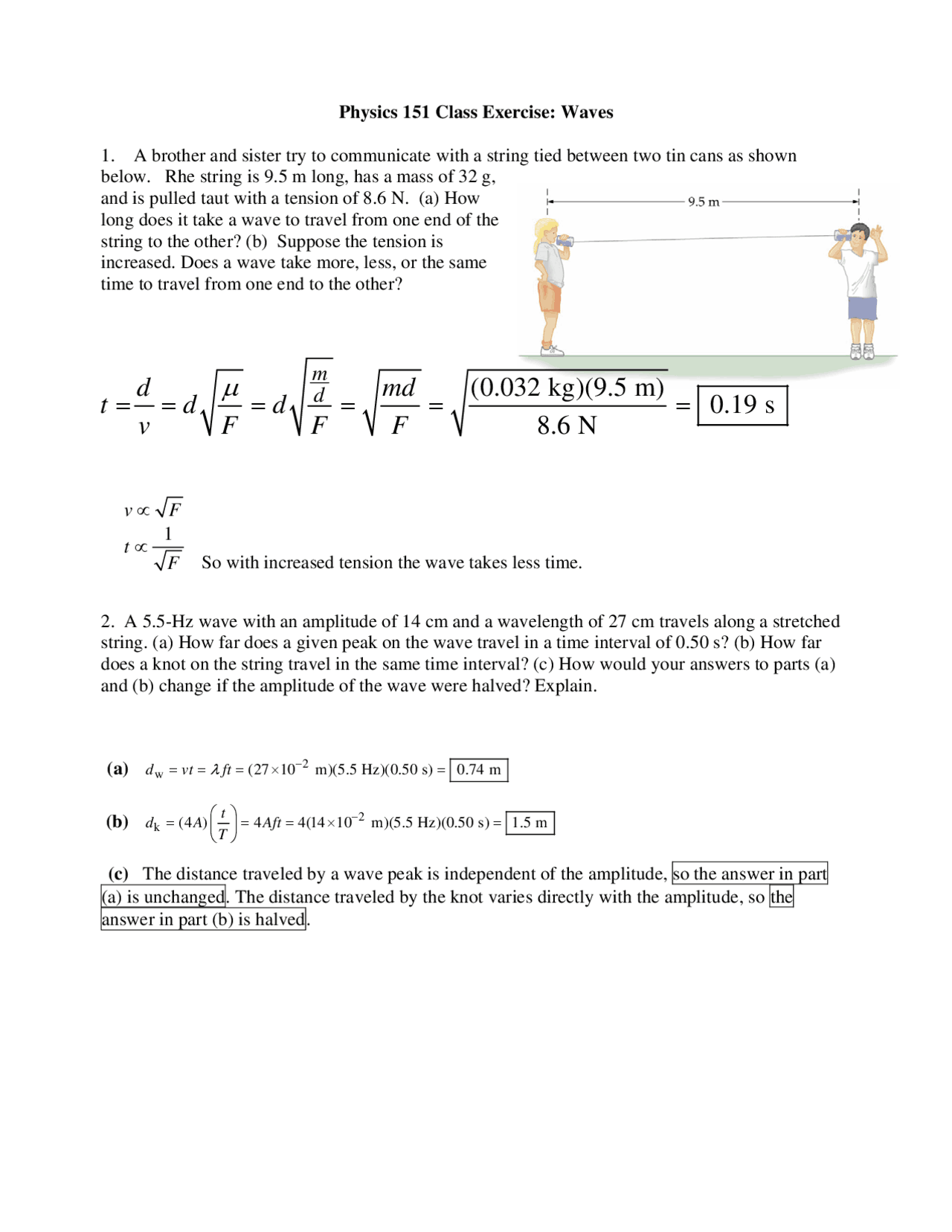 Class Exercise Problems On Waves Elements Of Physics Phys 151 Docsity