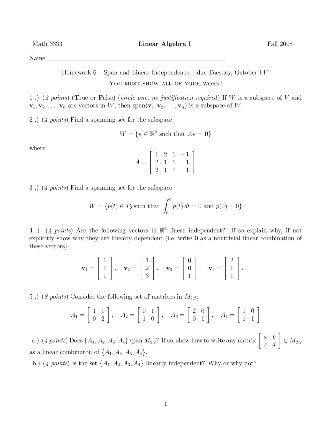 5 Practice Problems on Linear Algebra I - Assignment 6 | MATH 3333 ...