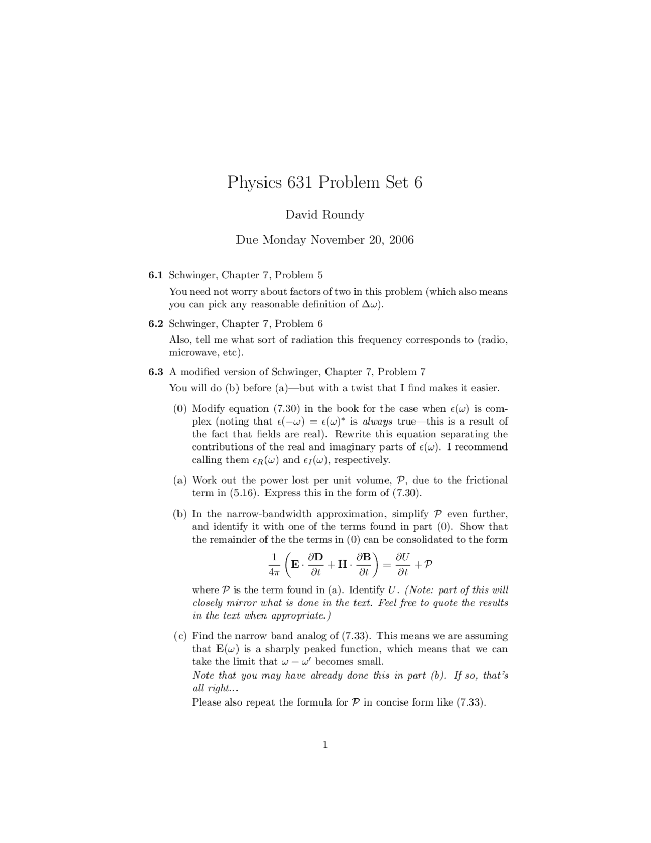 Problems For Assignment 6 Electromagnetics Iii Ph 631 Docsity