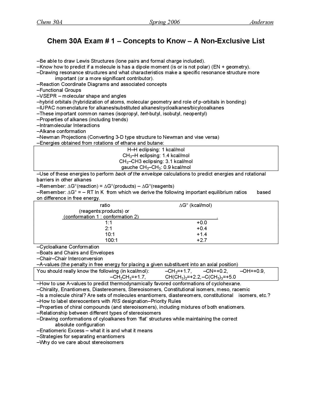 Course Outline for Exam 1 on Organic Chemistry I: Structure | CHEM 30A ...