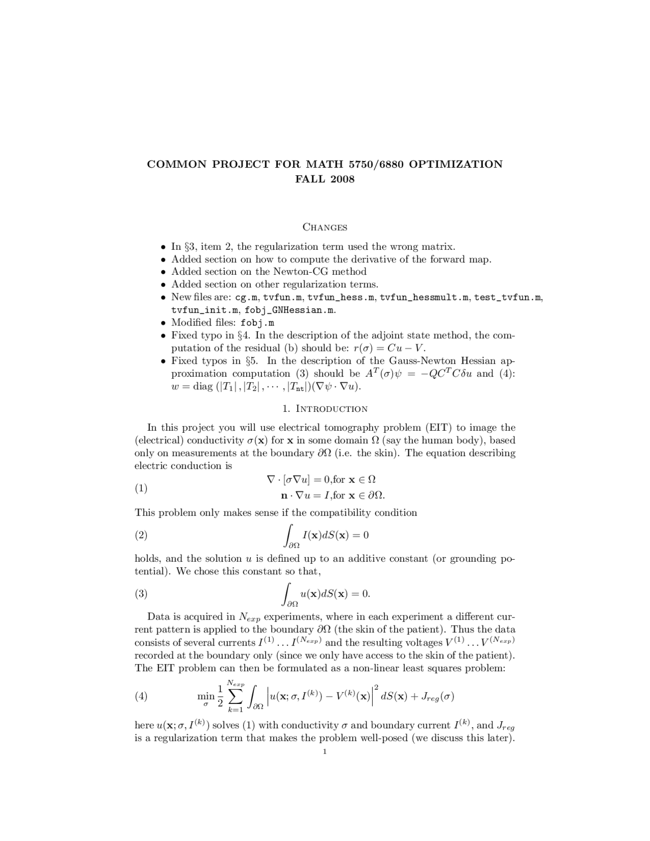 Optimization Common Project Fall 2008 Math 5750 Docsity