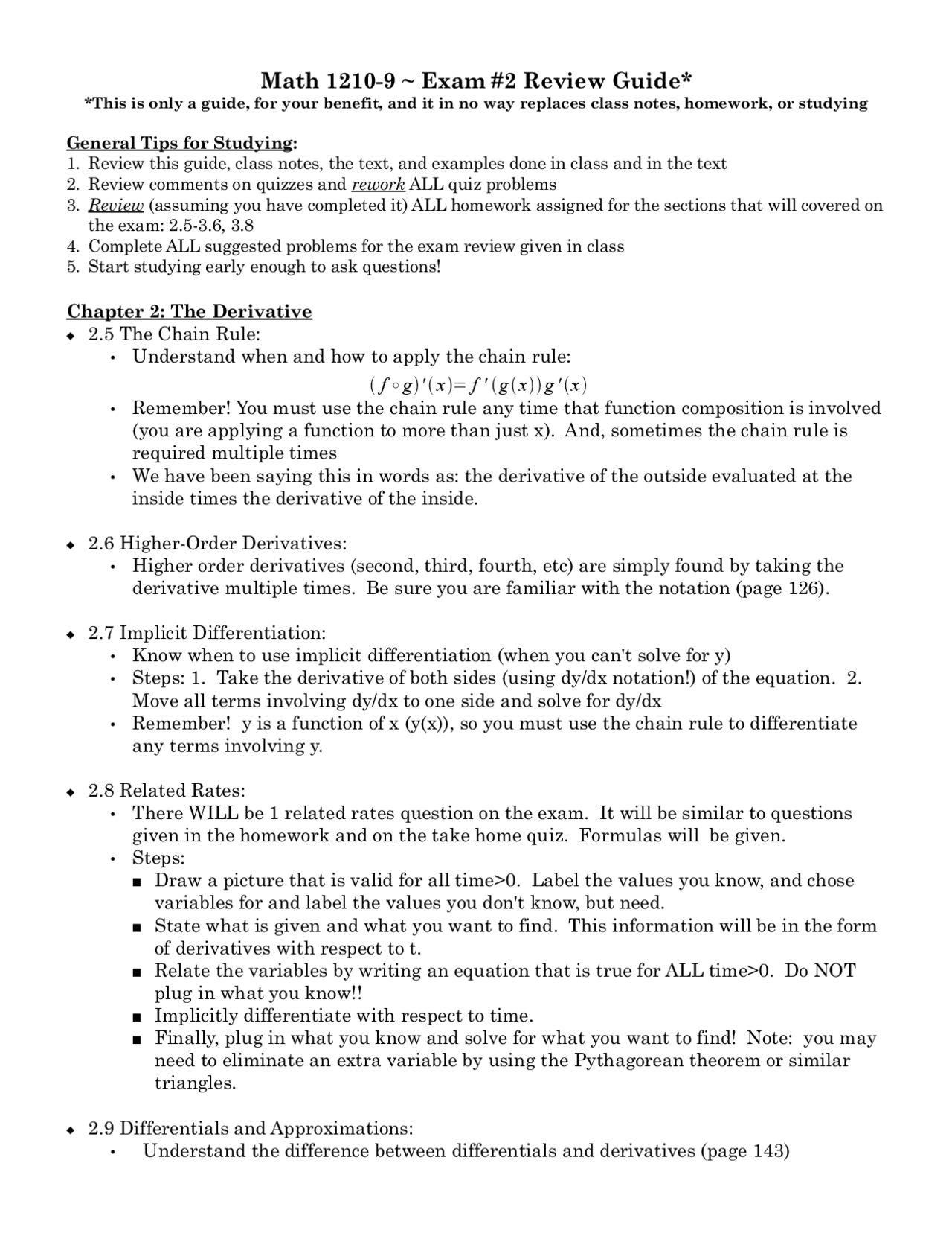 Calculus I - Exam 2 Review Guide | MATH 1210 - Docsity