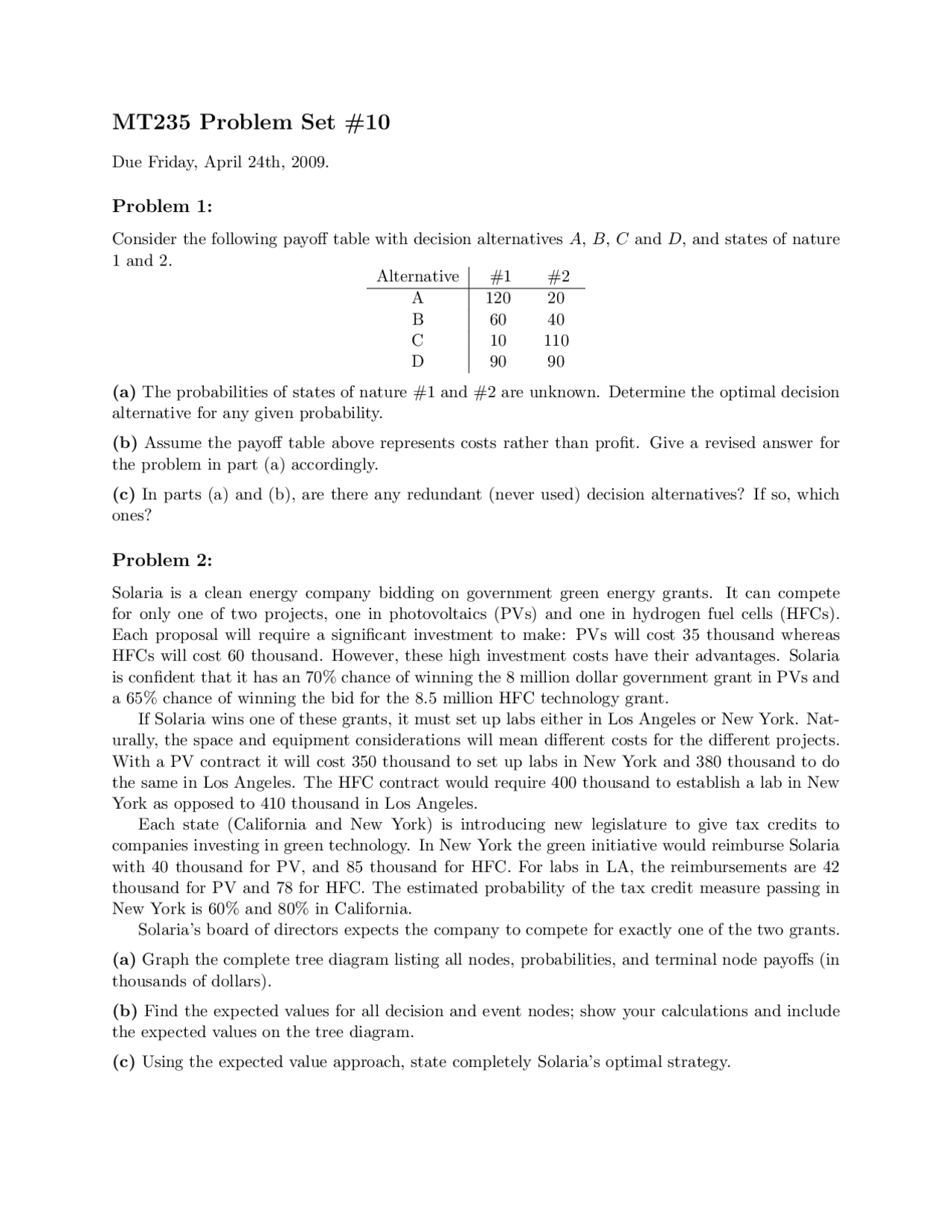 Assignment 10 Problems - Mathematics for Management Science | MT 235 - Docsity