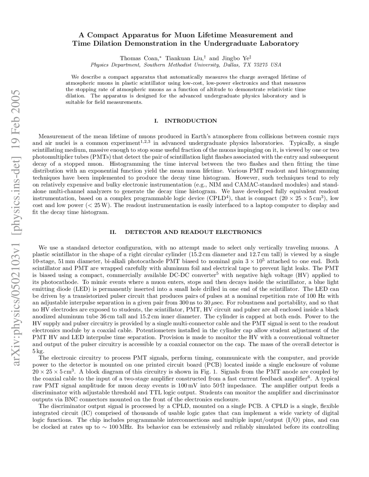 A Compact Apparatus for Muon Lifetime Measurement and Time Dilation ...
