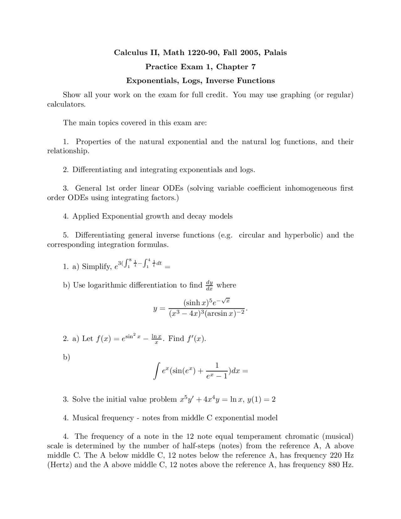 5 Questions in Exam 1 - Calculus II | MATH 1220 - Docsity