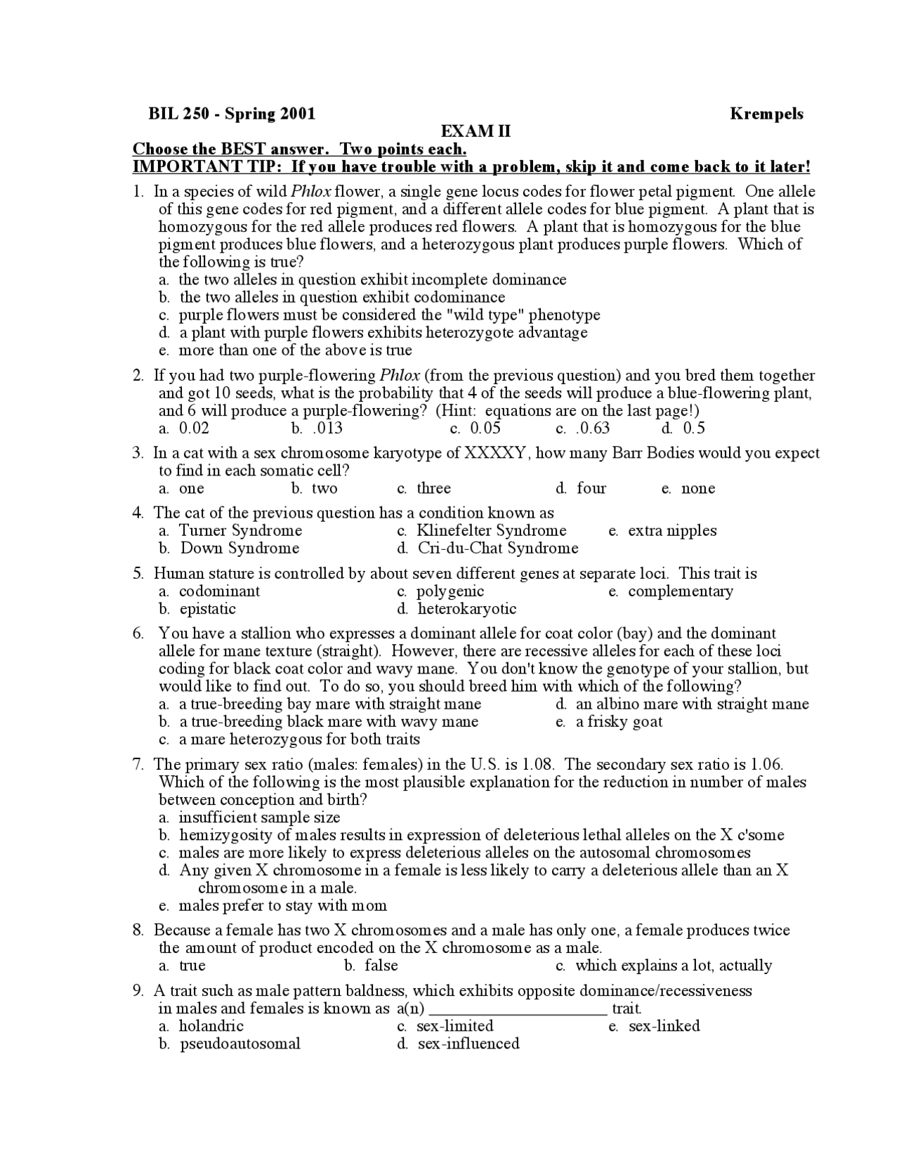 50 Multiple Choice Questions for Genetics - Past Exam 2 | BIL 250 - Docsity