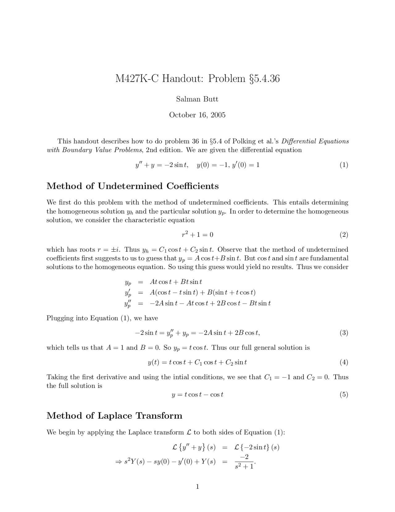 Method Of Undetermined Coefficients And Laplace Transform Handout M