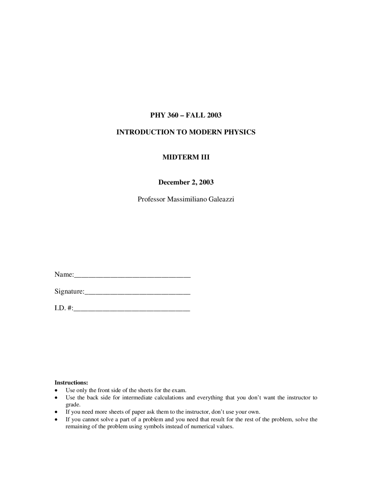 Introduction to Modern Physics - Midterm Examination | PHY 360 - Docsity