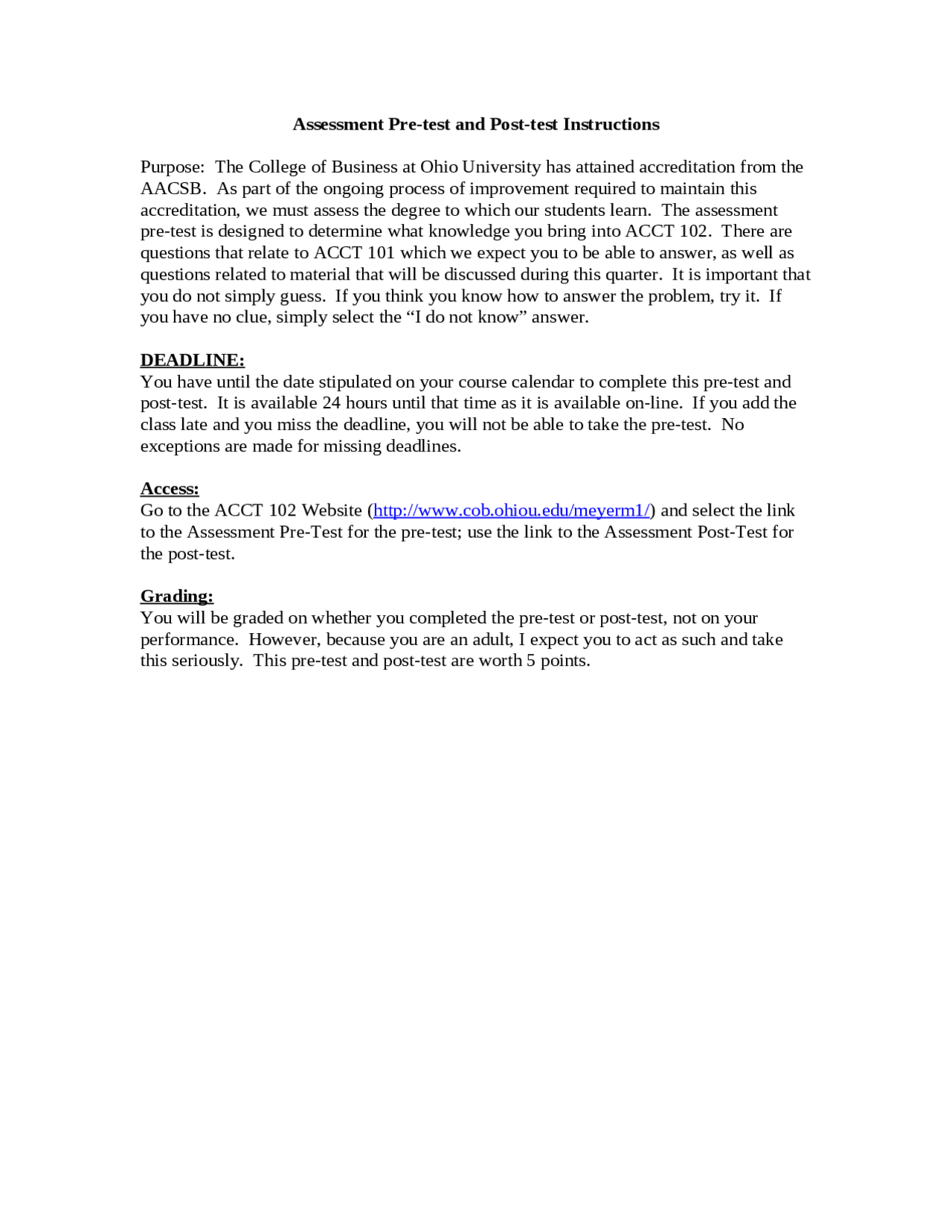 Assessment Pre Test and Post Set Instructions - Exam 1 | ACCT 102 - Docsity