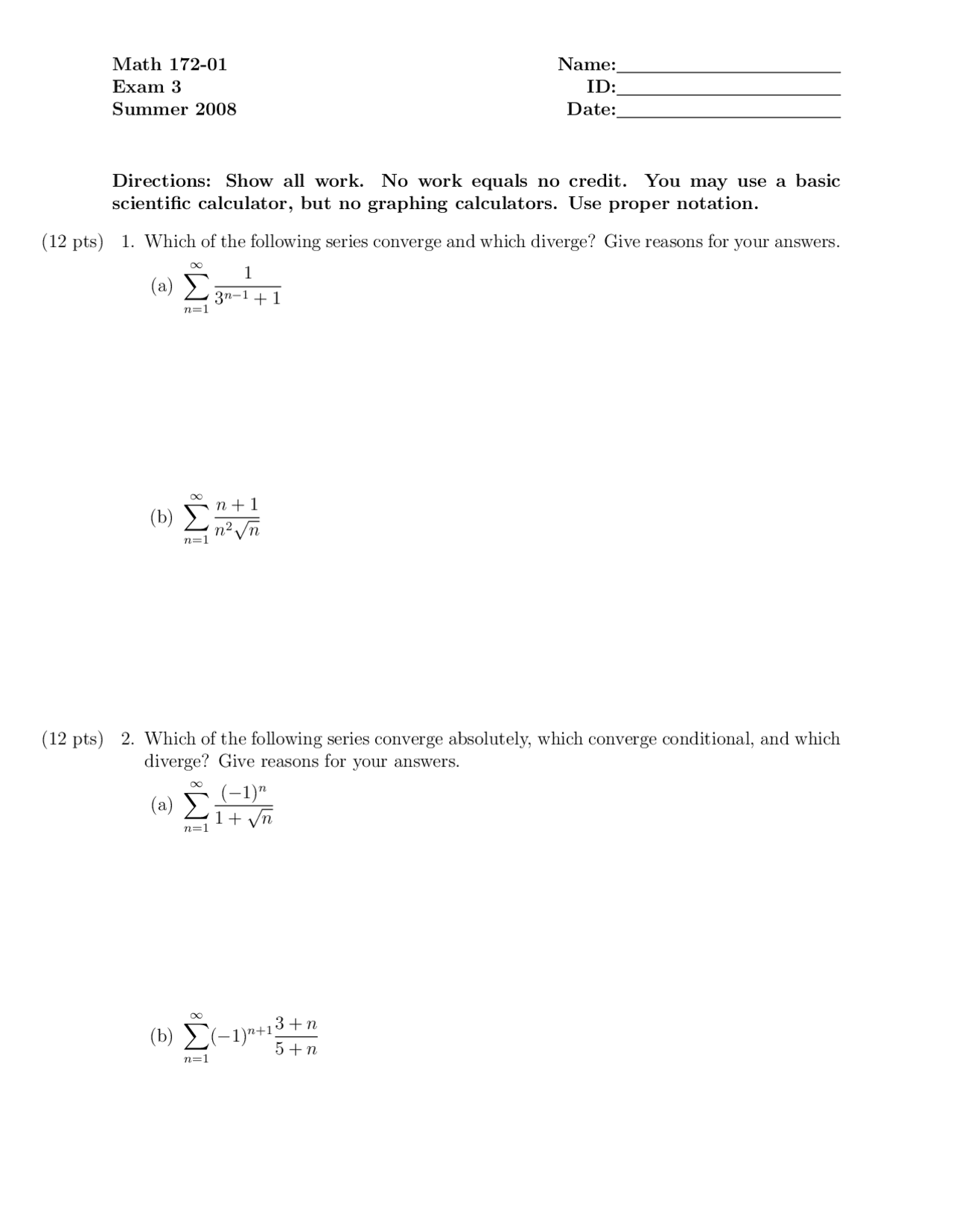 Examination 3 Practice Questions Calculus Ii Math 172 Docsity