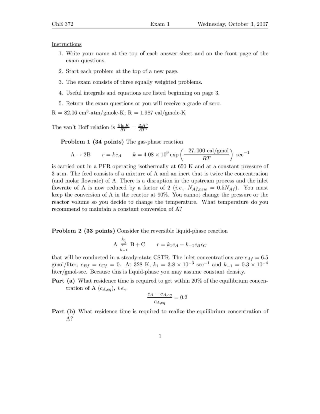 3 Solved Problems Of Chemistry Reactor Analysis And Design Exam 1